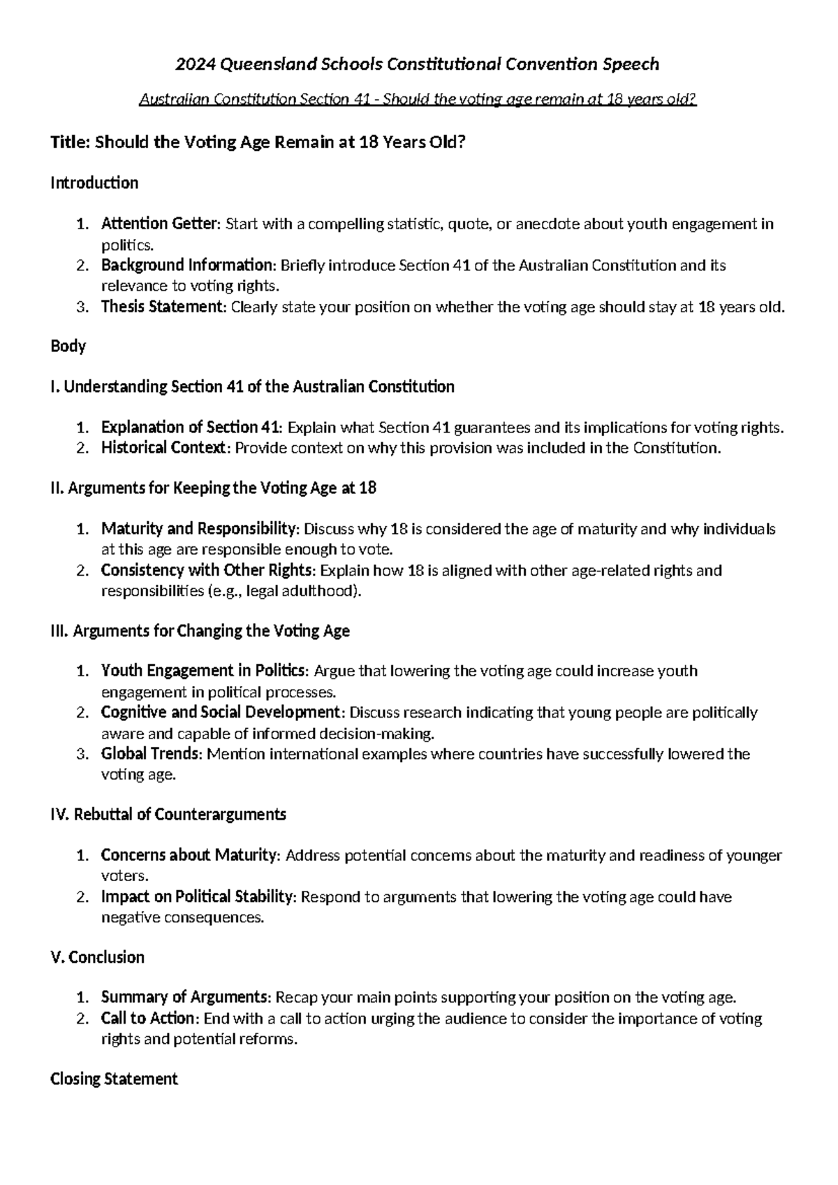 2024 QLD Schools Const. Convention Speech: Voting Age Debate - Studocu