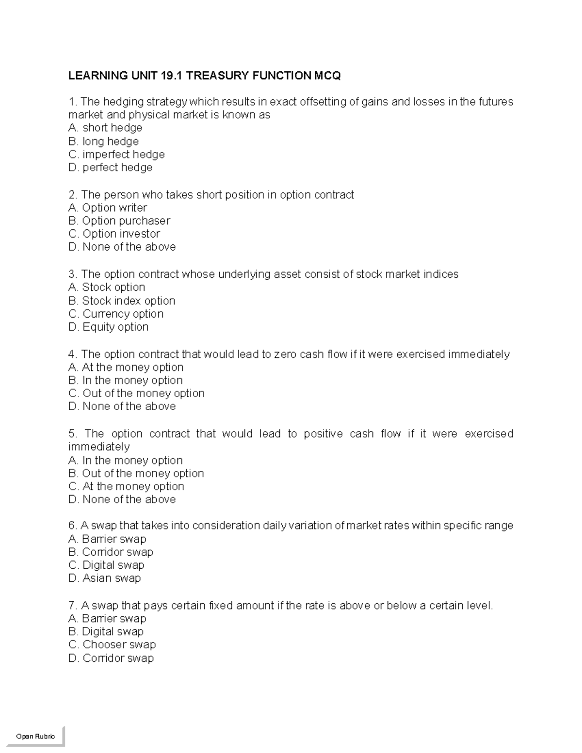 LEARNING UNIT 19.1 TREASURY FUNCTION MCQ QUESTIONS ONLY - Studocu