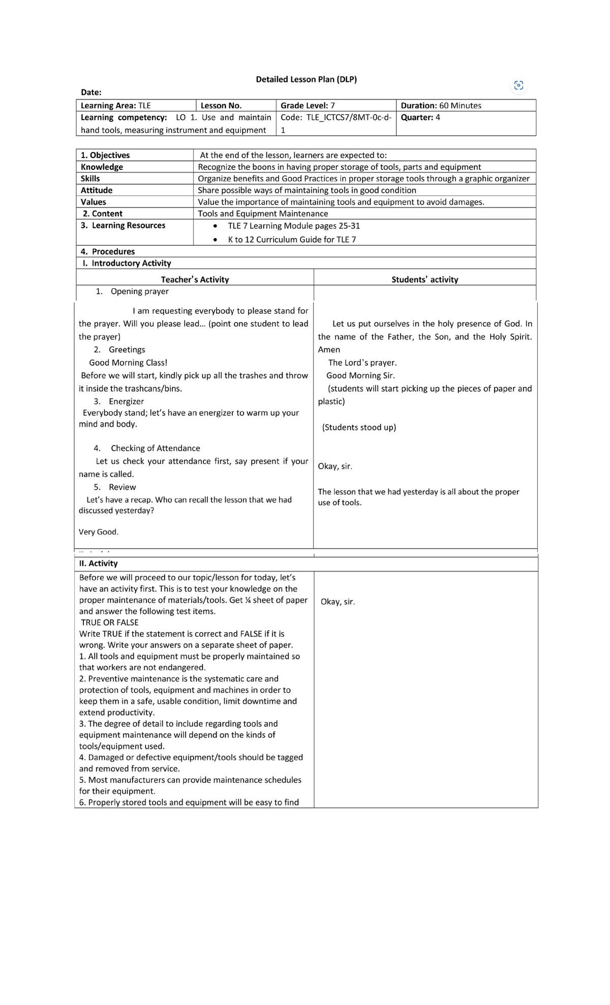 TLE 7 Detailed Lesson Plan: Tools & Equipment Maintenance - Studocu