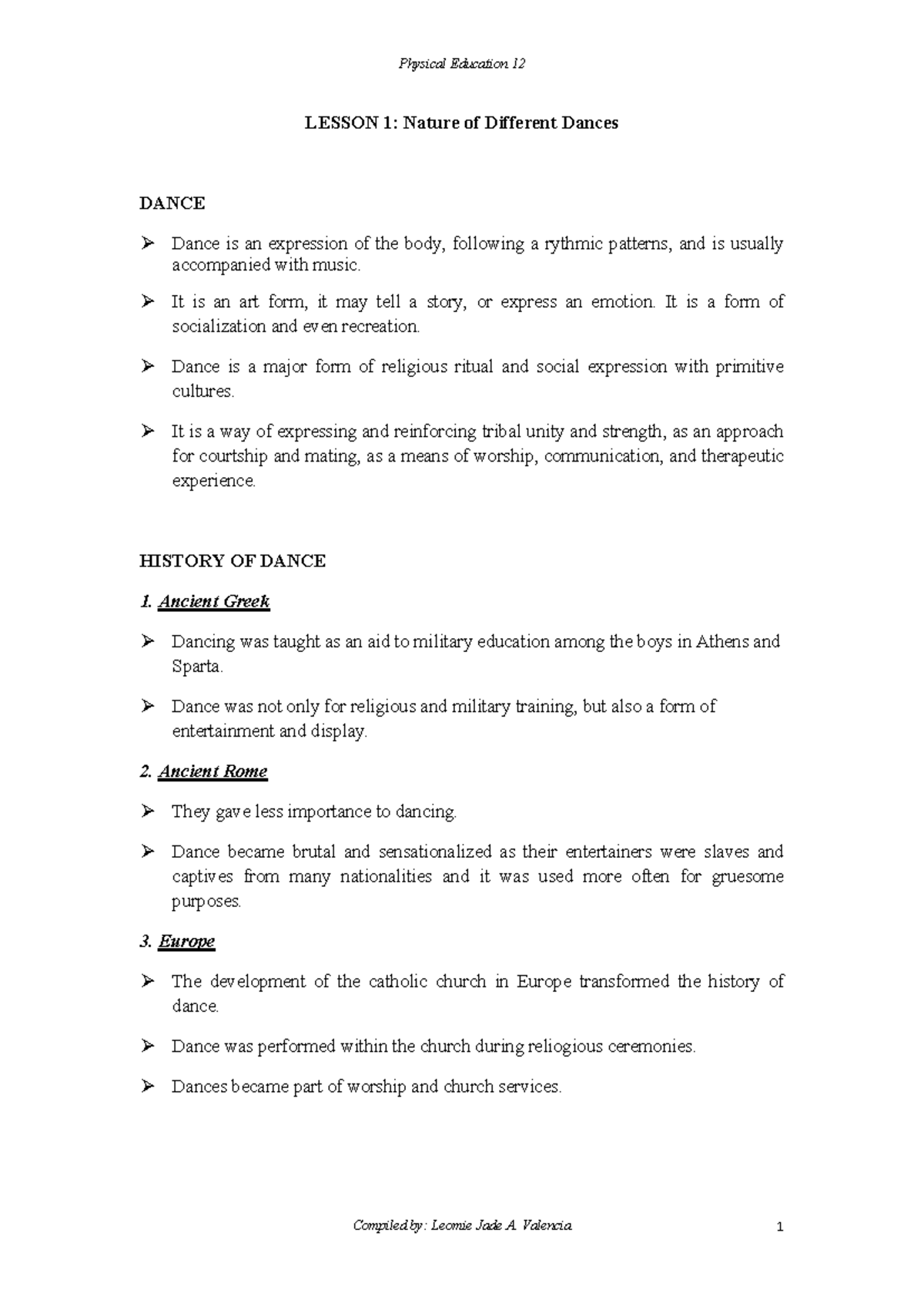 Physical Education Grade 12: Dance Lesson Overview and History - Studocu