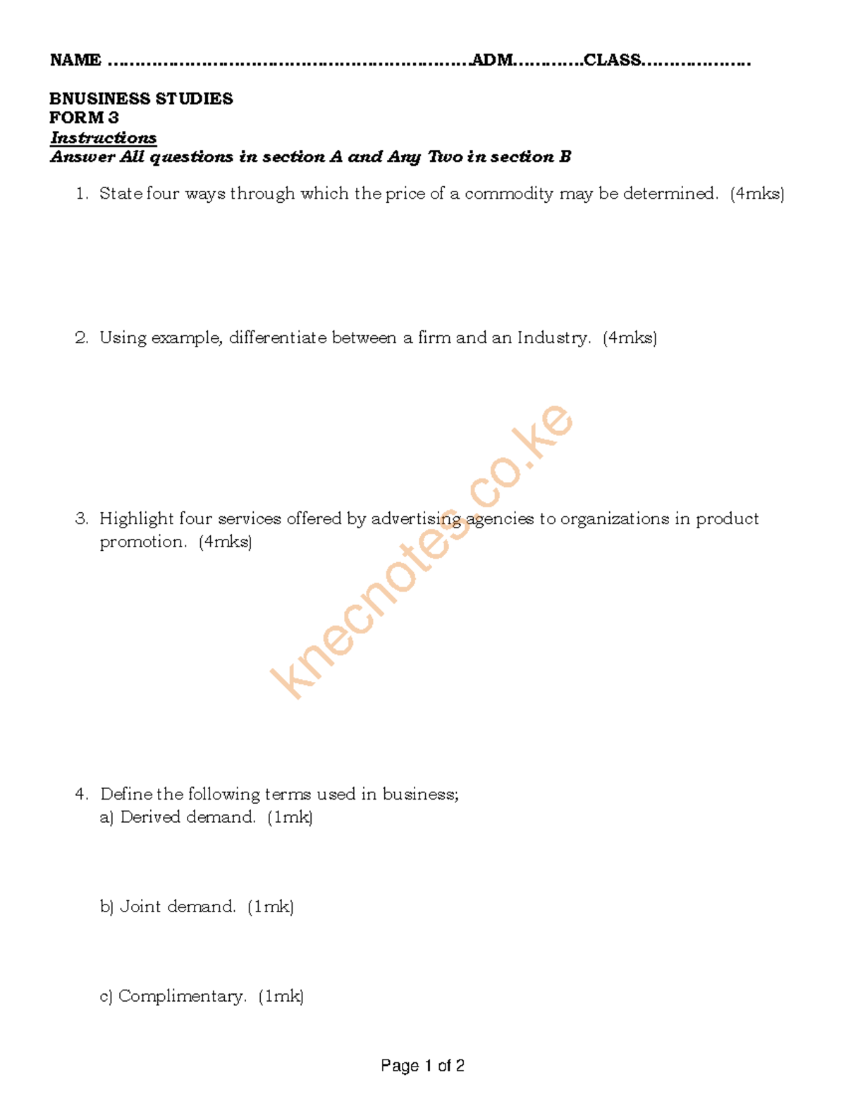 Business Studies Form 3: Questions & Answers Notes (BNUSINESS) - Studocu