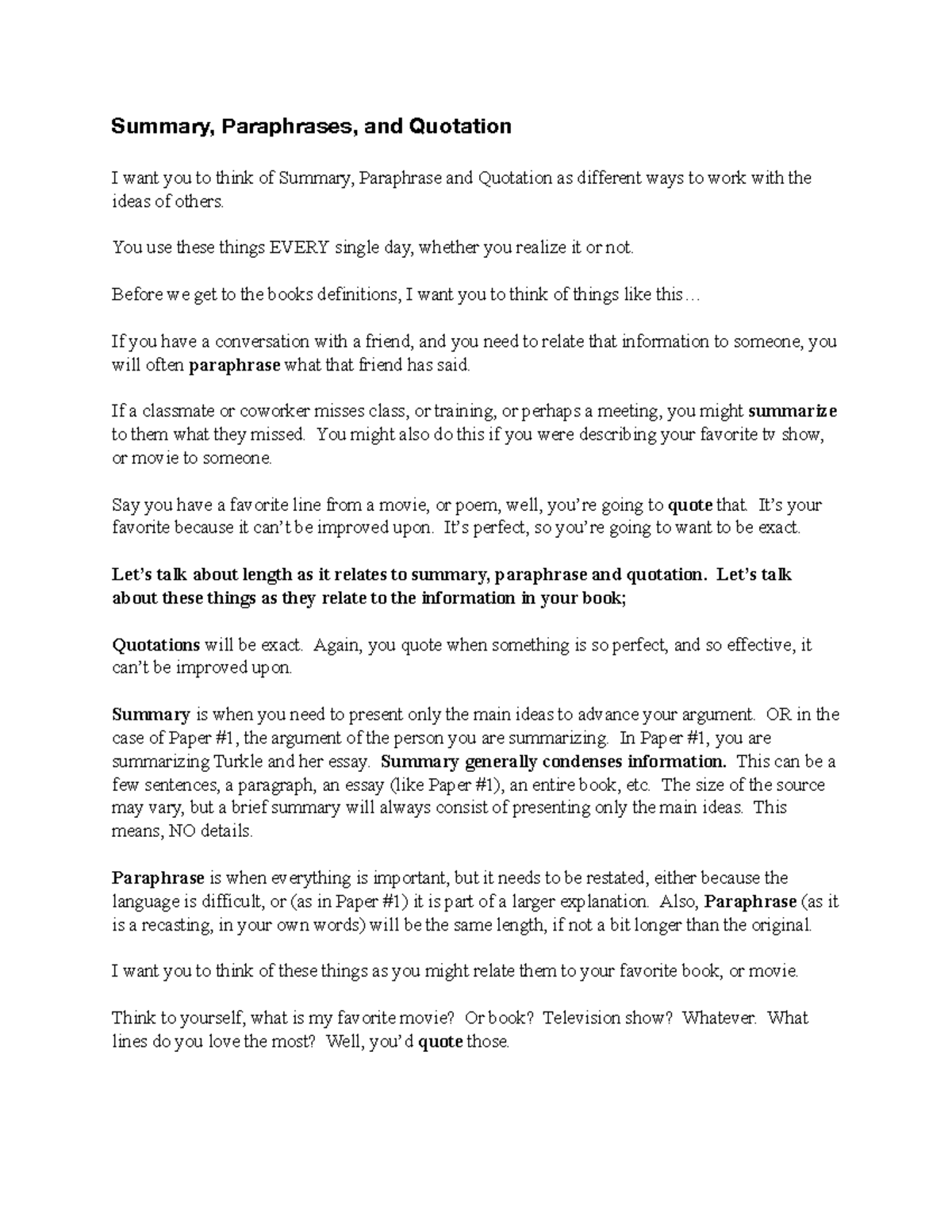 Summary, Paraphrase, Quotation. Lecture - Summary, Paraphrases, and ...