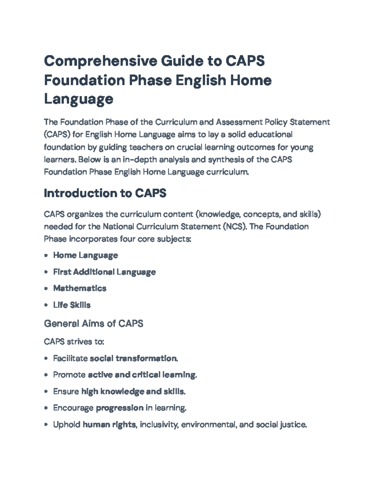 CAPS Foundation Phase English Home Language: An In-Depth Guide - Studocu