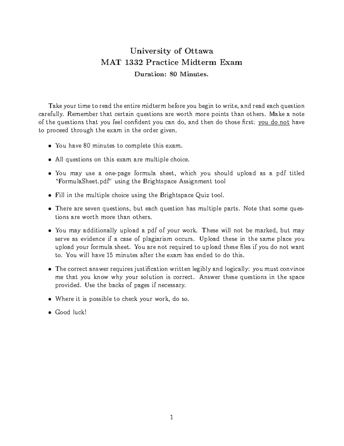 MAT 1332 Practice Midterm Exam - University of Ottawa MAT 1332 Practice ...