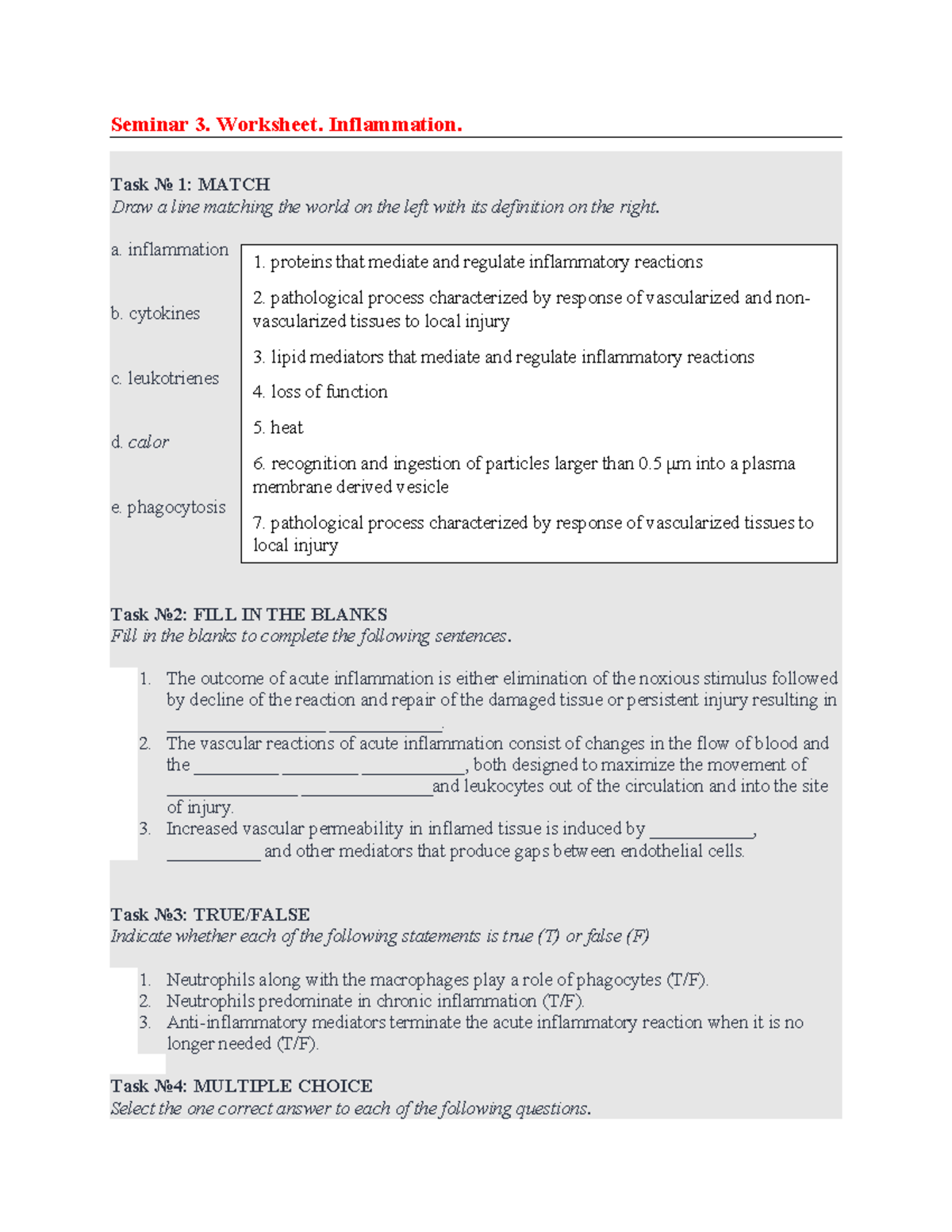 Allergy and Inflammation - Seminar 3. Worksheet. Inflammation. Task No ...
