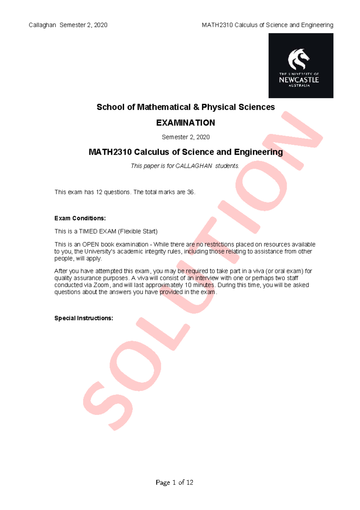 MATH2310 2020 Final Exam Solutions for Calculus of Science and ...