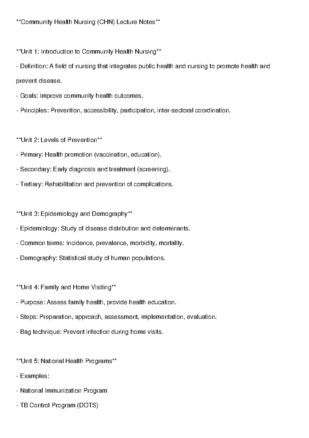 CHN Lecture 1: Intro to Community Health & Nursing Principles - Studocu