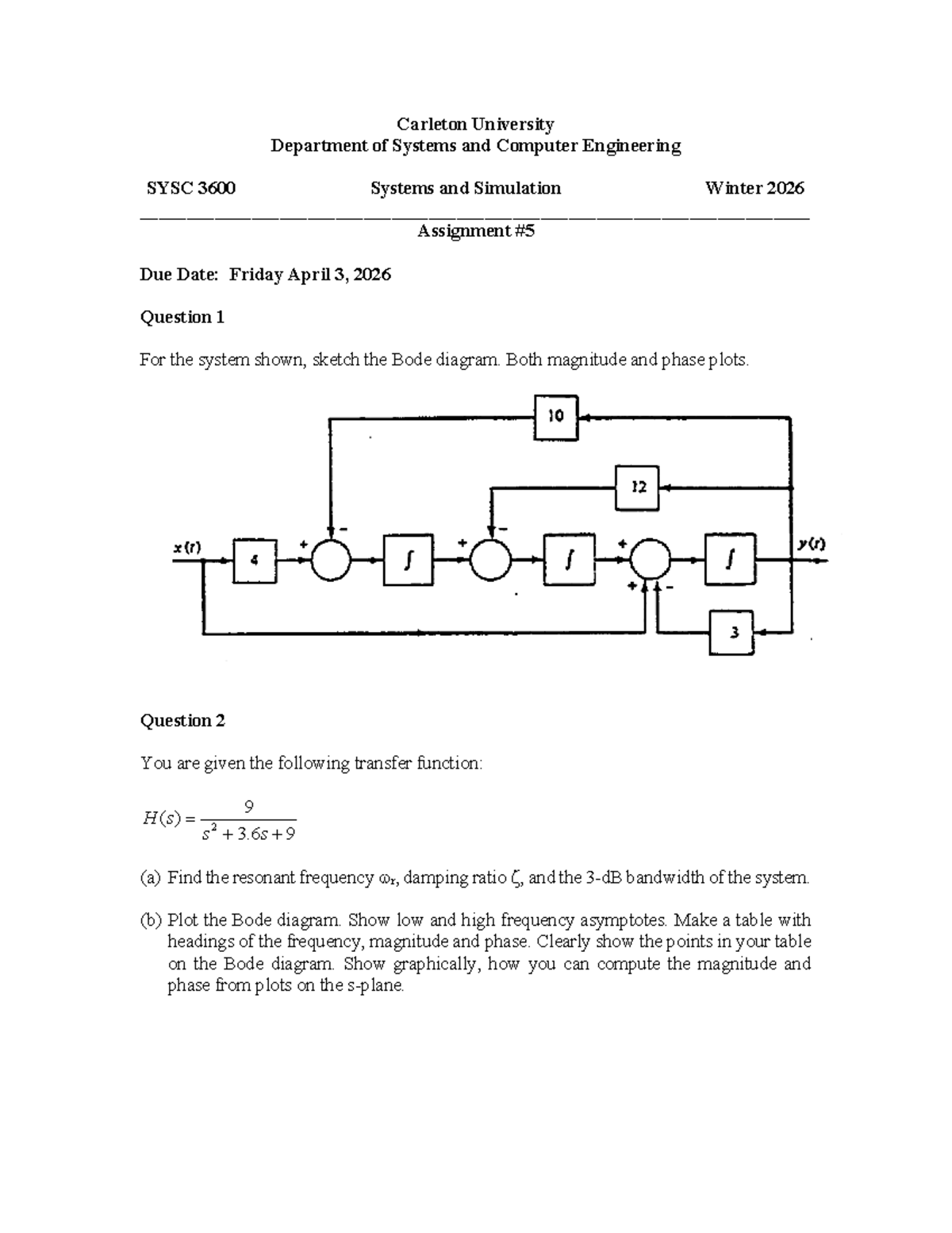 SYSC 3600 Winter 2026 Assignment 5: Bode Diagrams & System Analysis ...