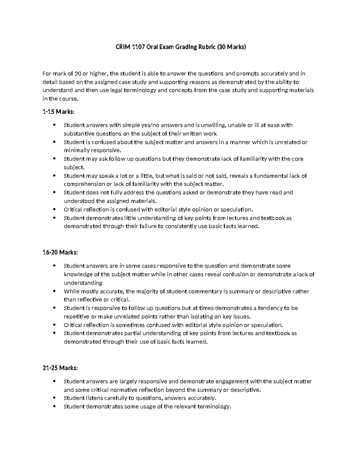 CRIM 1107 Oral Exam Grading Rubric (30 Marks) 2025 - Studocu