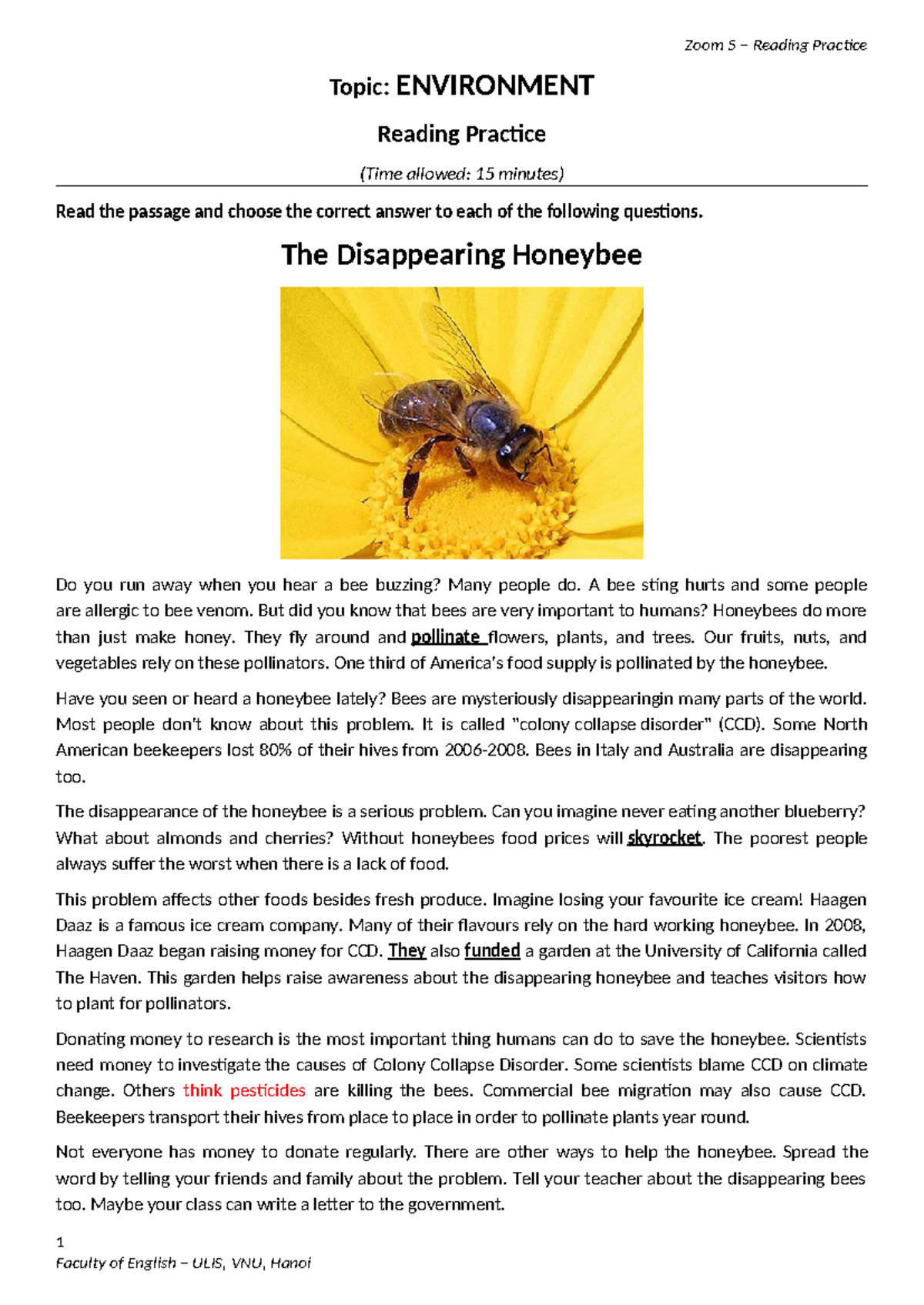 Zoom 5 Reading Practice: The Disappearing Honeybee and CCD - Studocu