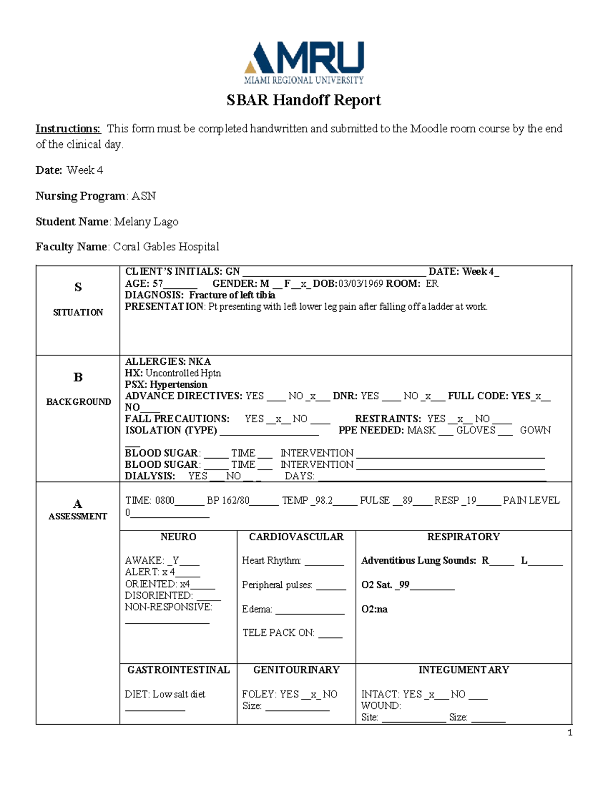 MRU SBAR Handoff Report 4 - SBAR Handoff Report Instructions: This form ...