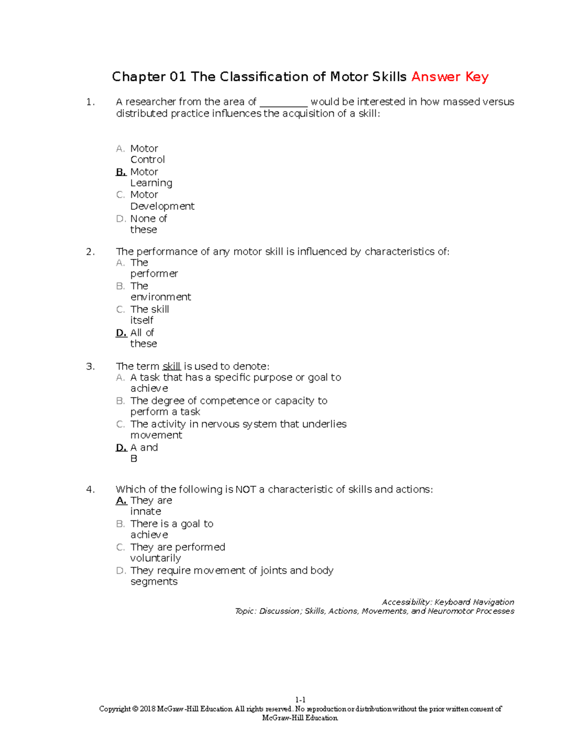 Test bank 1 - test bank - Chapter 01 The Classification of Motor Skills ...