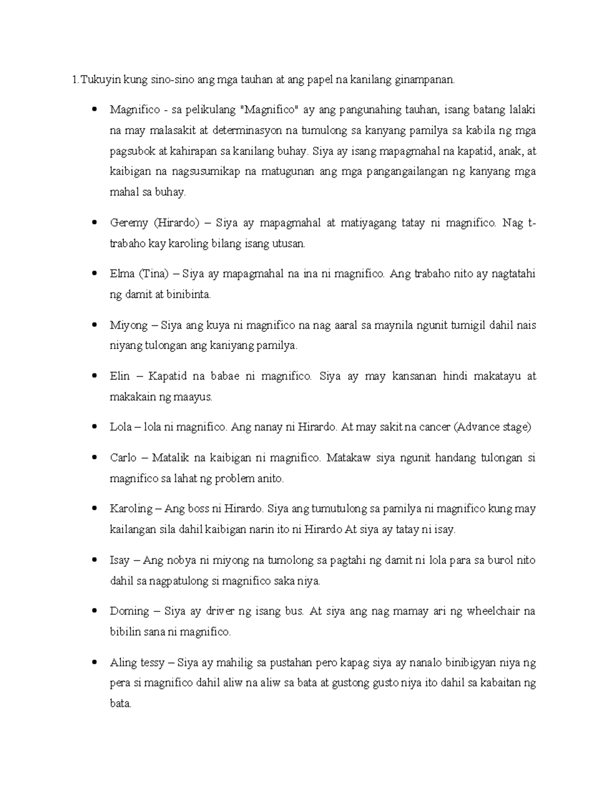 FIL101 Assignment on "Magnifico": Characters, Themes, and Culture - Studocu