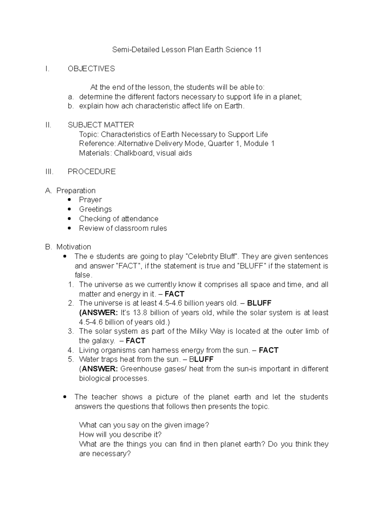 Earth Science 11 - Semi-Detailed Lesson Plan Earth Science 11 I ...