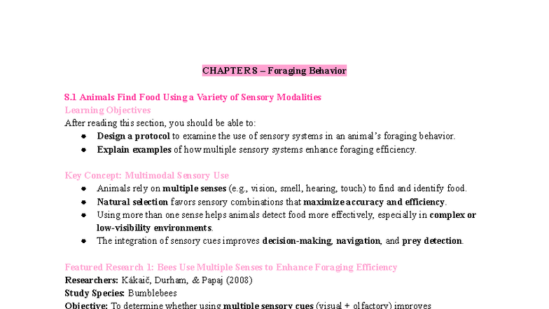 CHAPTER 8: Foraging Behavior - Sensory Modalities and Optimal Diet ...