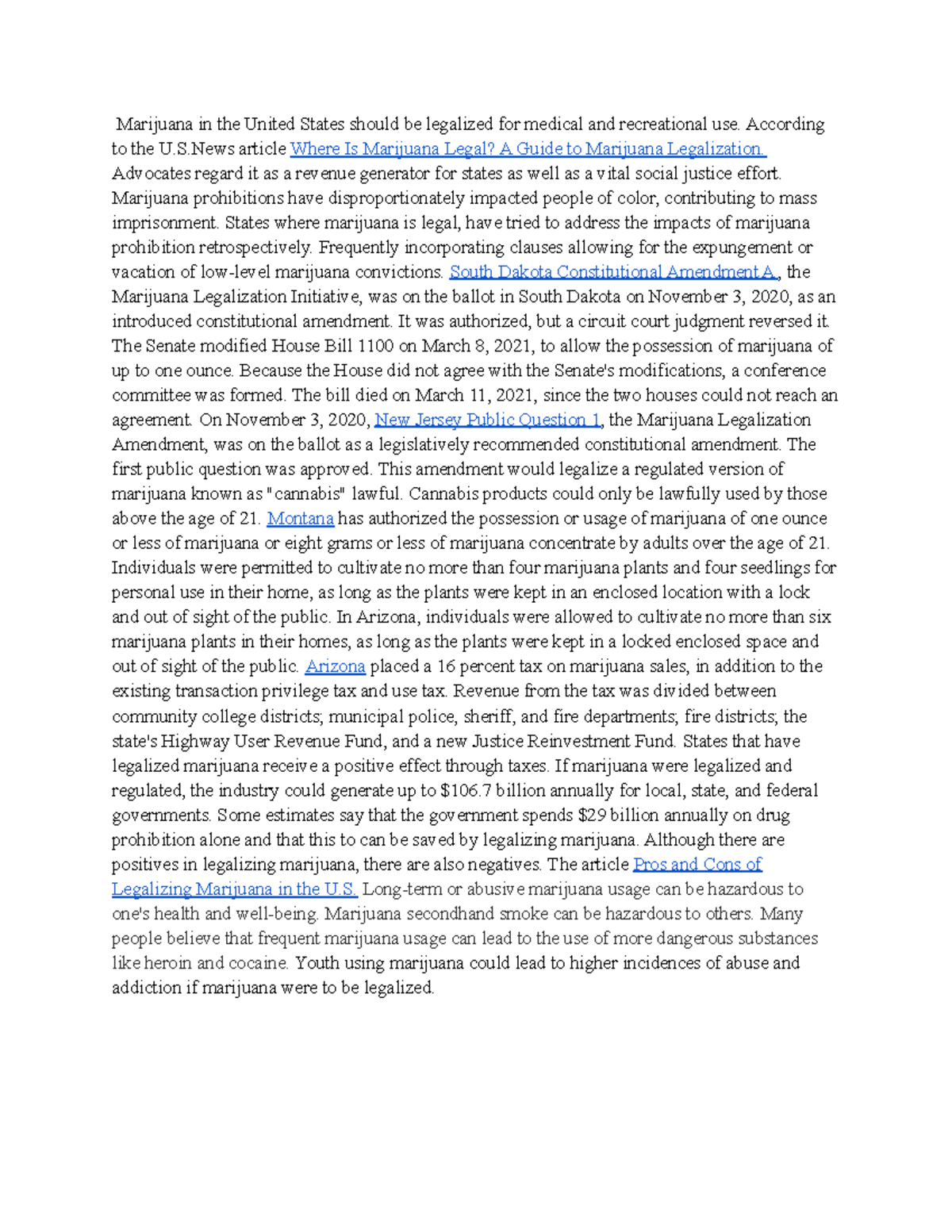 Marijuana Legalizaton Writting Assignment - Marijuana in the United ...