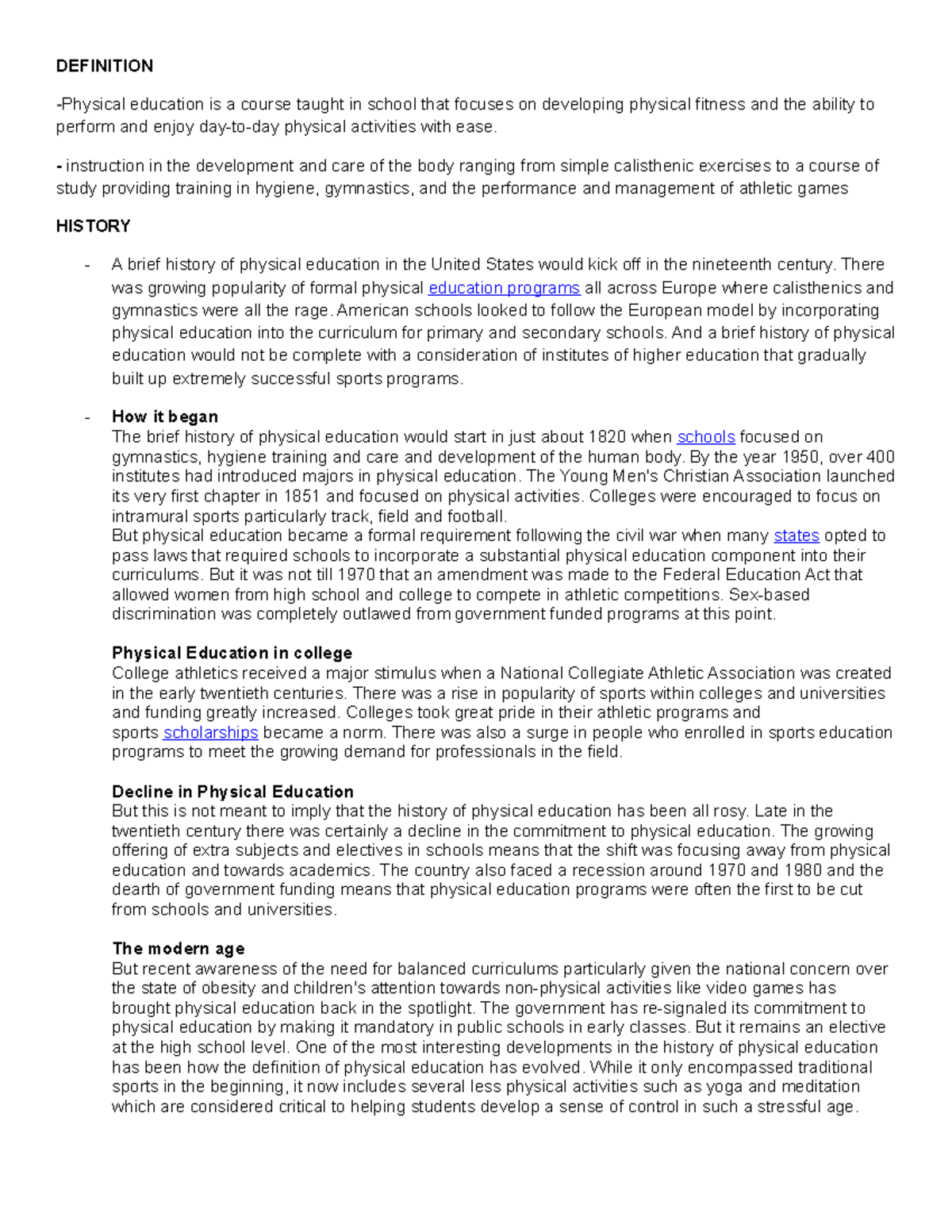 Definition of Physical Education - DEFINITION - Physical education is a ...