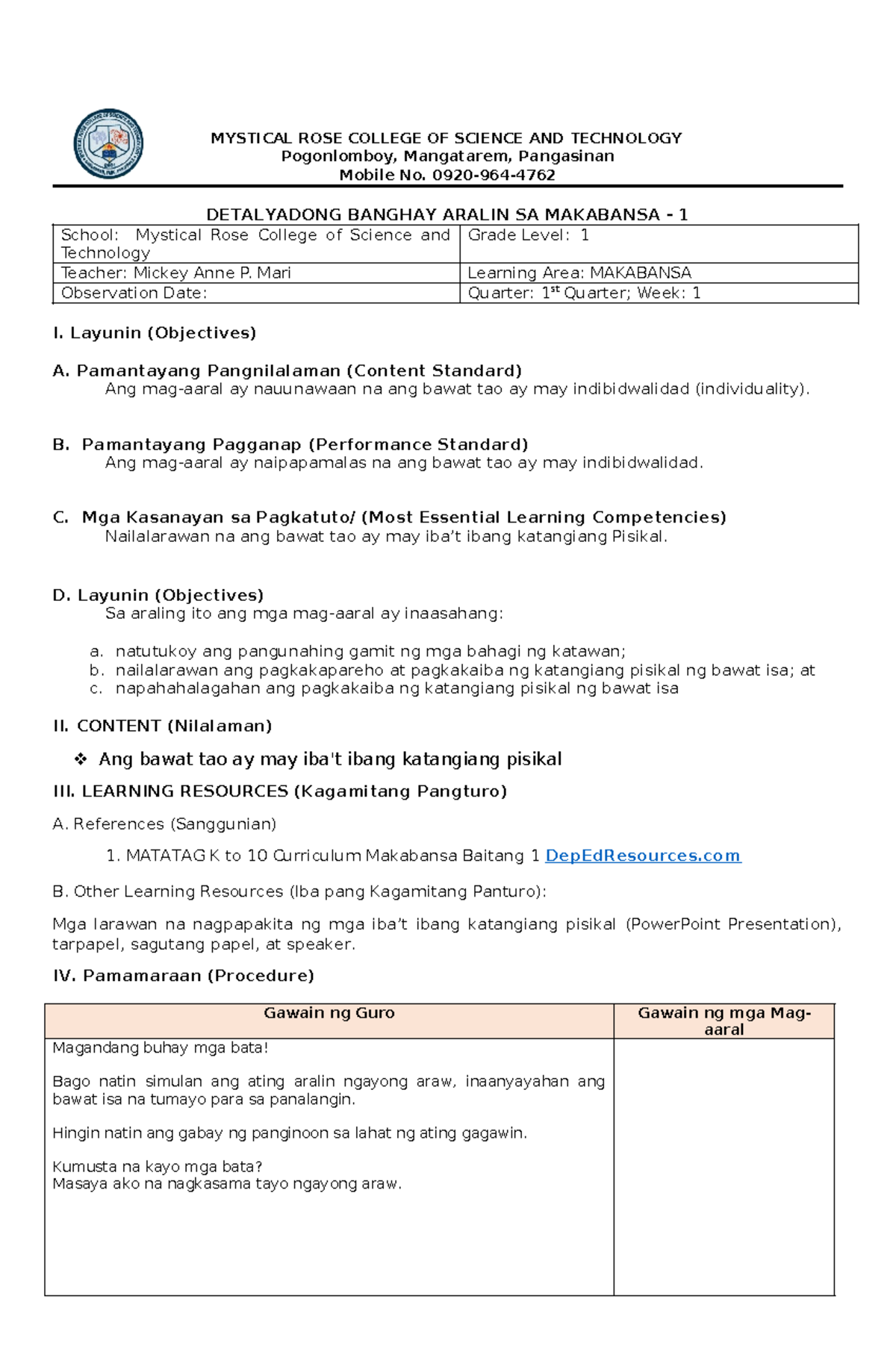 DLP-1 - DETALYADONG BANGHAY ARALIN SA MAKABANSA Baitang 1 - Studocu