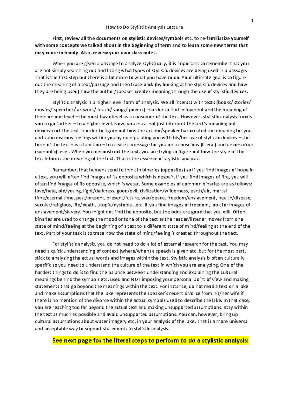 ENG 101: How to Conduct a Stylistic Analysis - Lecture Notes - Studocu