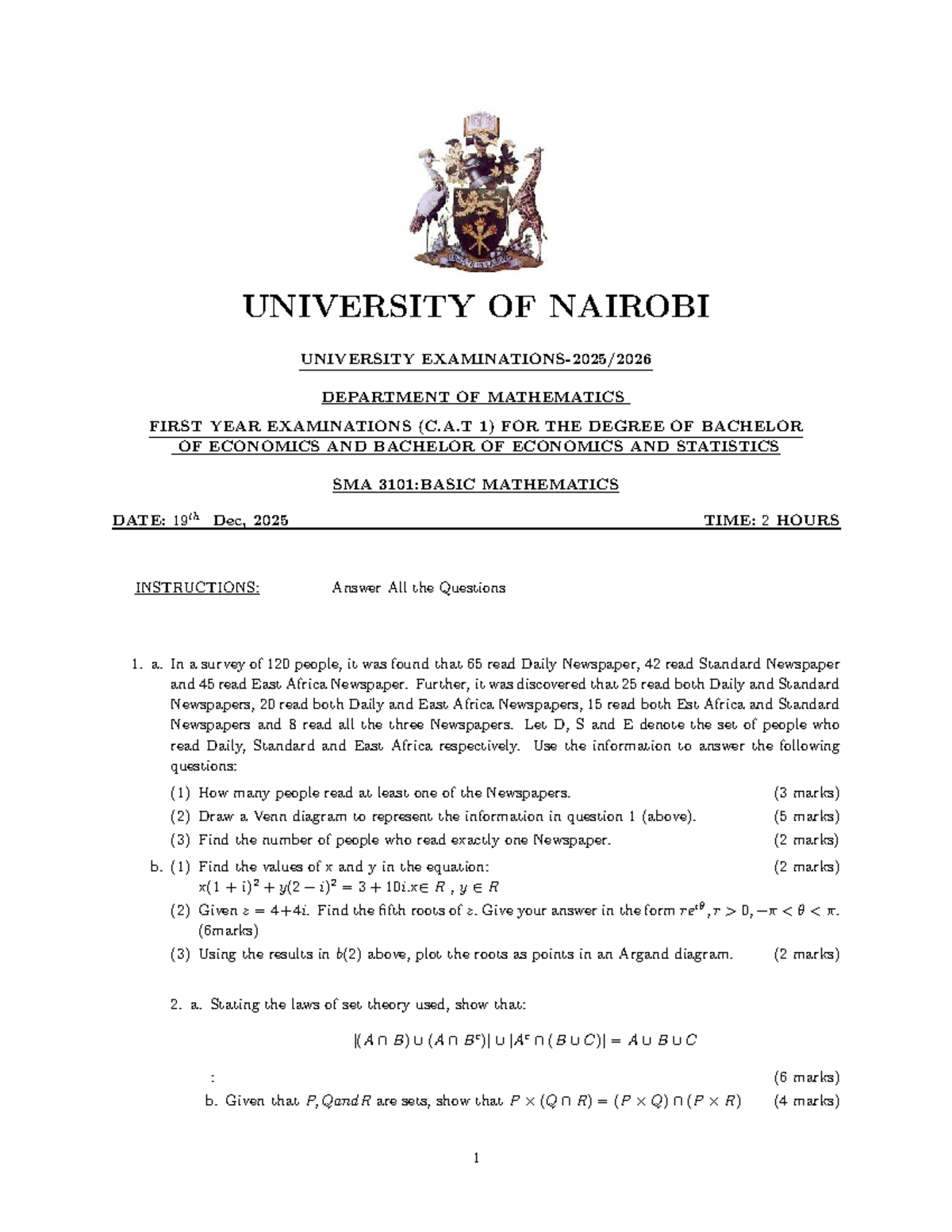 SMA 3101: Basic Mathematics C.A.T 1 Exam - University of Nairobi - Studocu