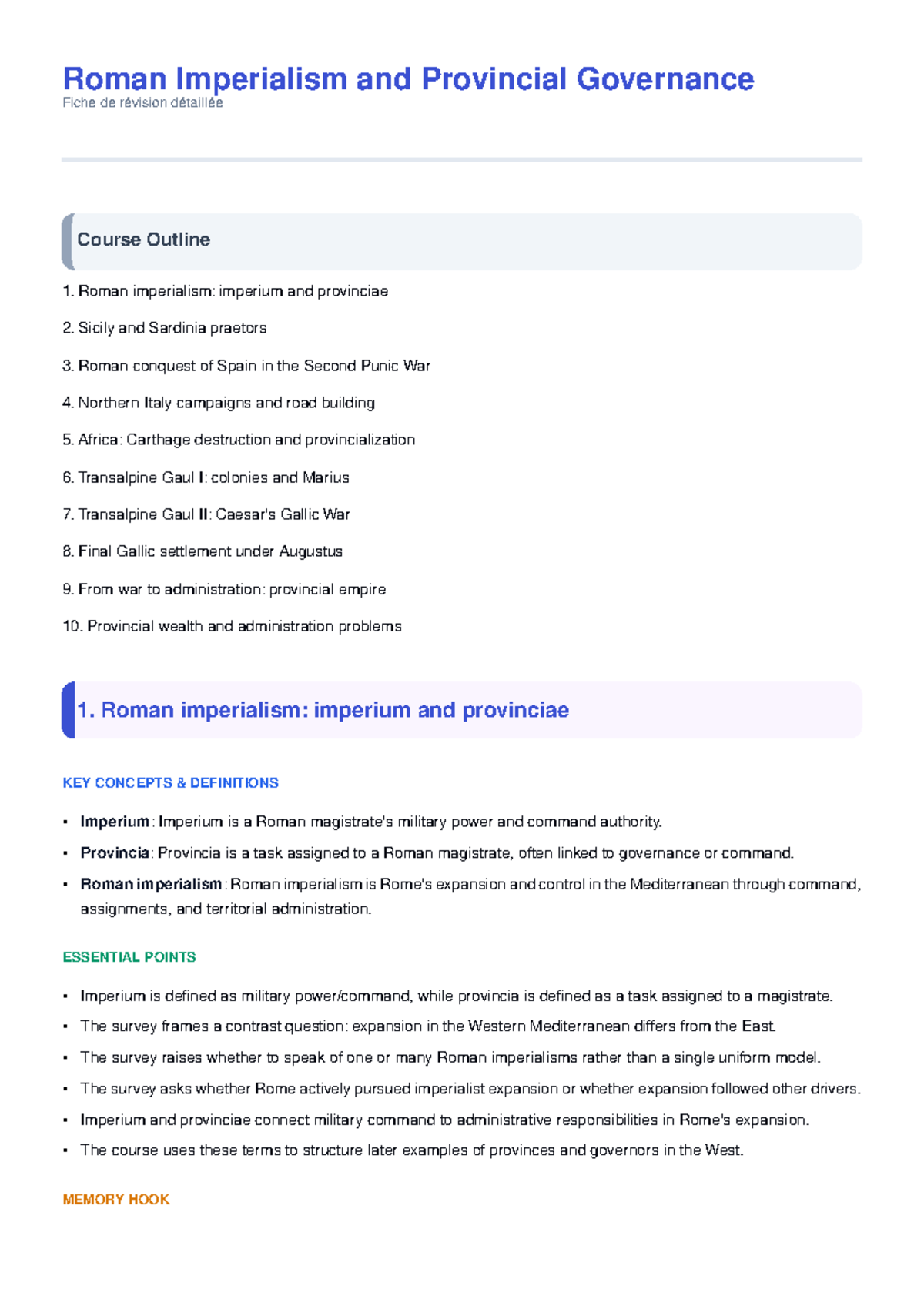 Roman Imperialism and Provincial Governance - Study Sheet - Studocu