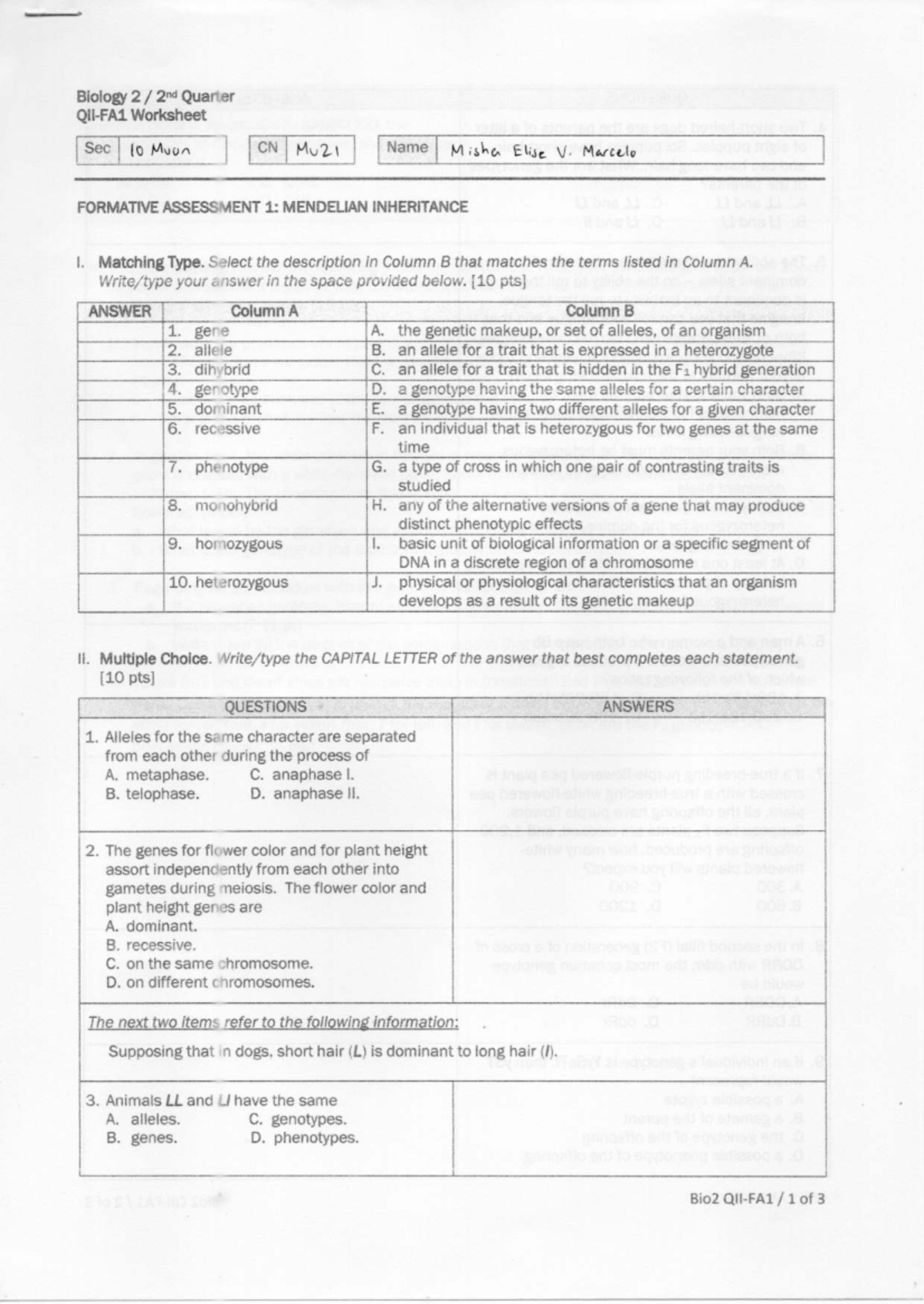 Biology 2 Formative Assessment 1: Mendelian Inheritance Worksheet - Studocu