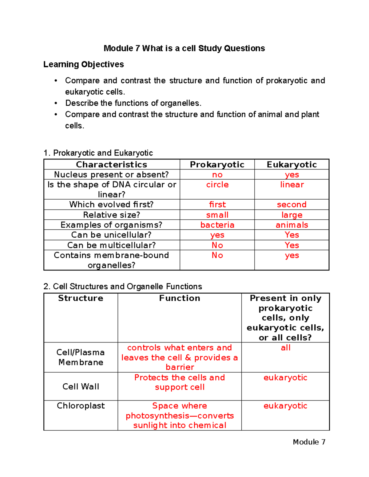 Module 7 Study Questions: Prokaryotic vs Eukaryotic Cells - Studocu