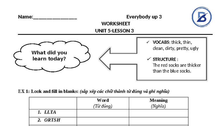 Everybody Up 3 - Unit 3 Worksheet: Vocabulary & Structure Exercises ...