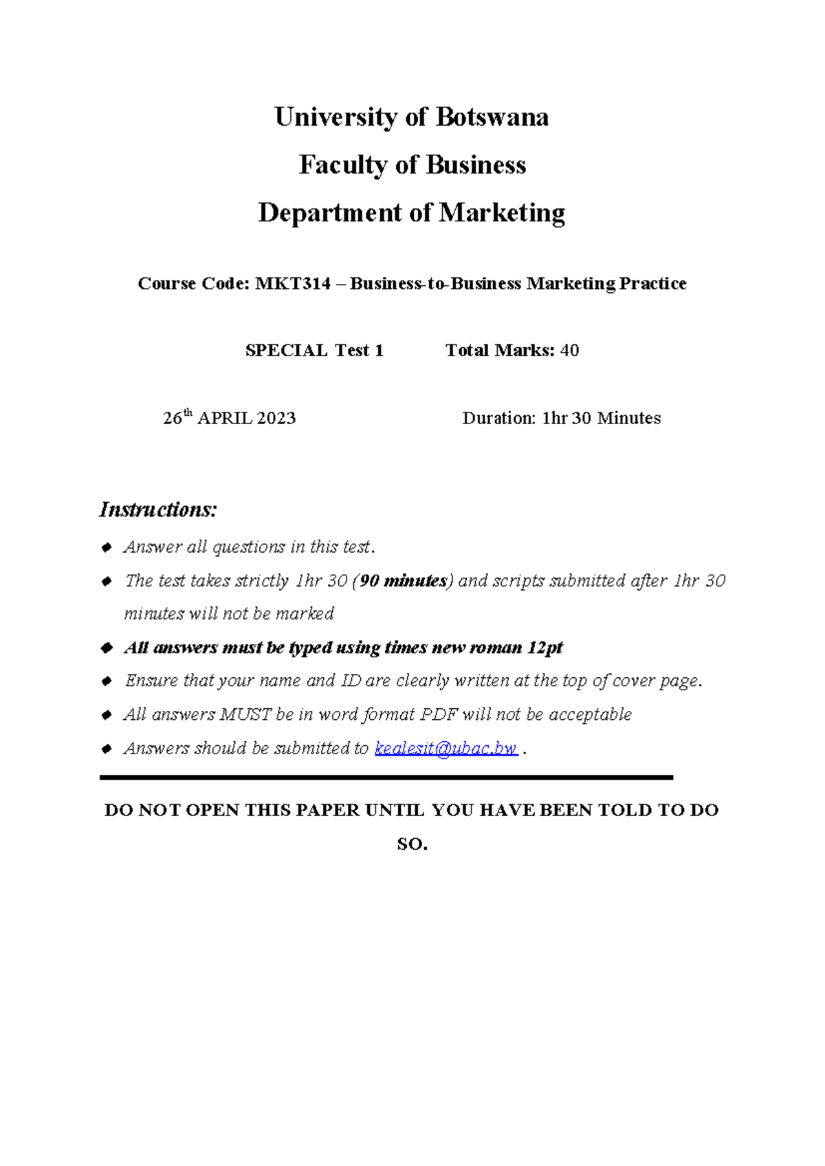 Mkt 314 special test 1 2023 - University of Botswana Faculty of ...