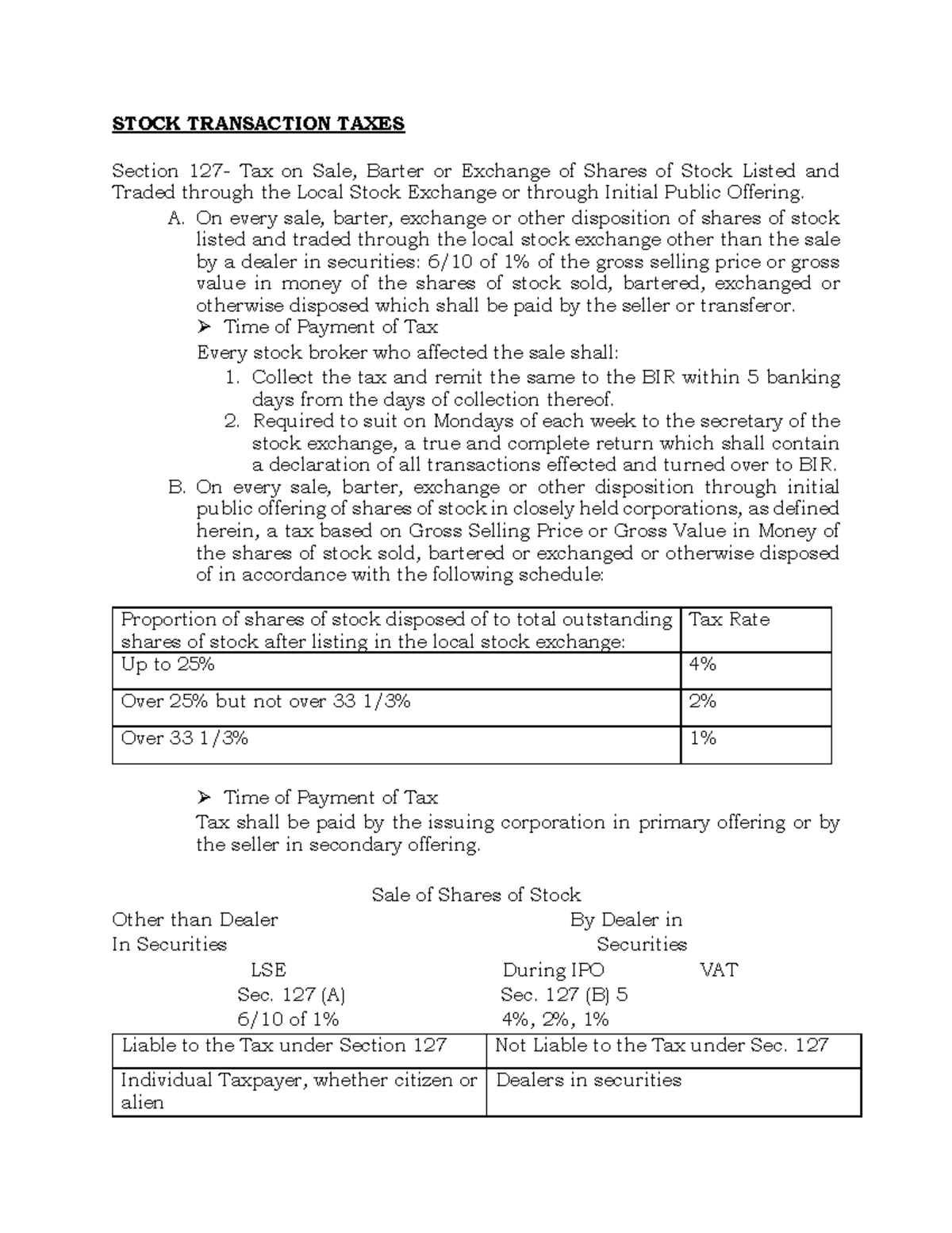 Stock Transaction Taxes: Understanding Tax Rates and Payments - Studocu