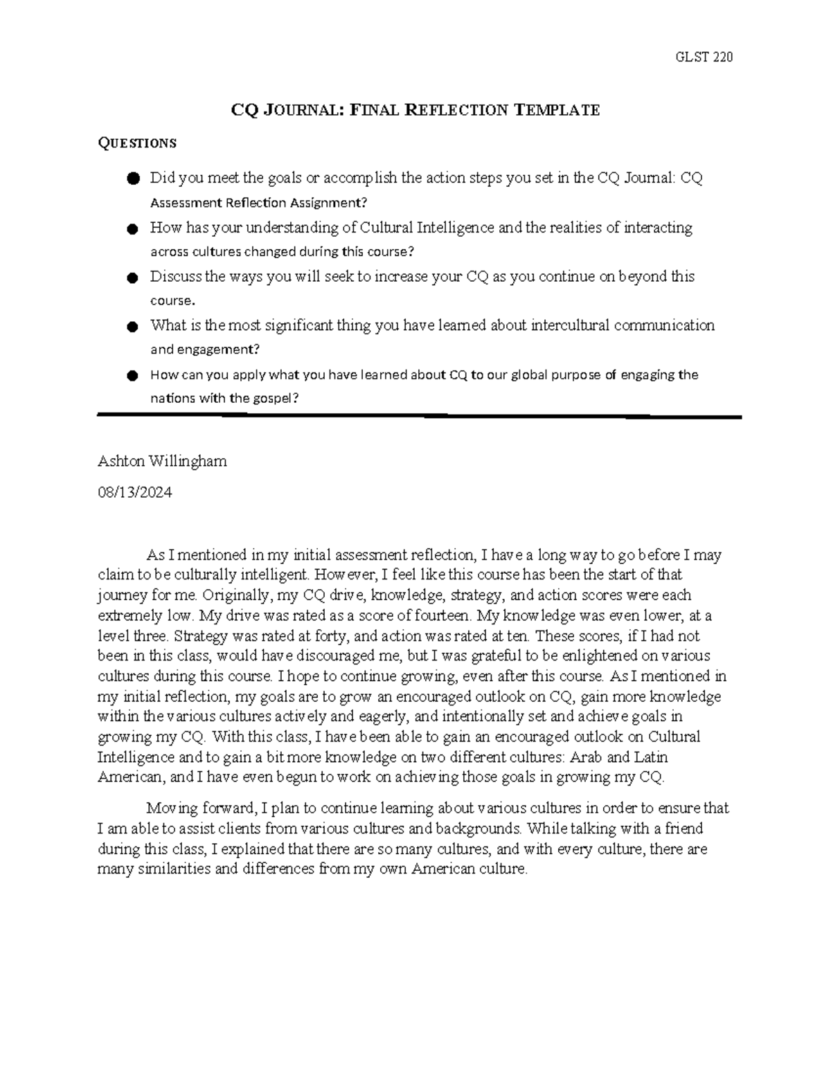 GLST 220 CQ Journal: Final Reflection Template and Insights - Studocu