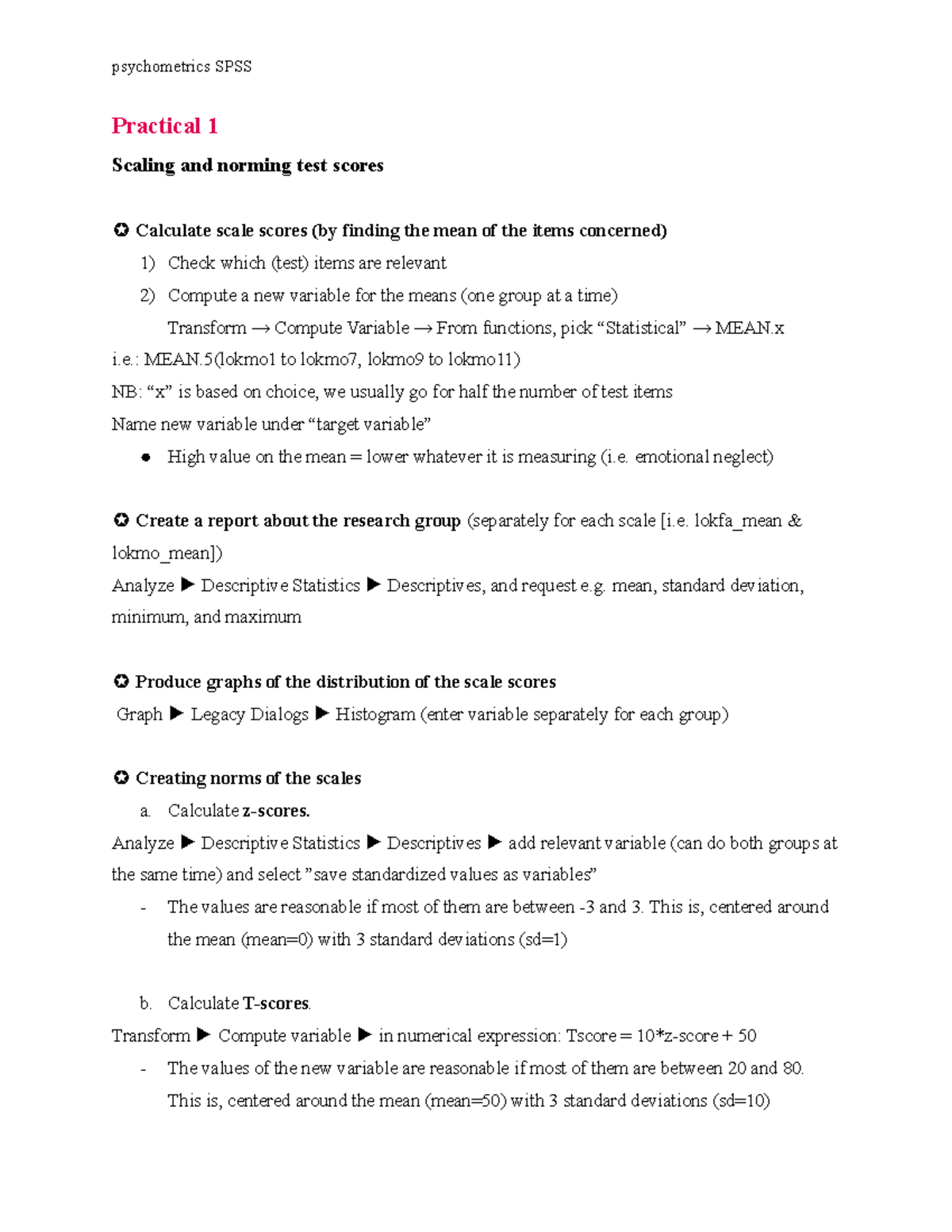 Psychometrics SPSS - SPSS cheat sheet - Practical 1 Scaling and norming ...