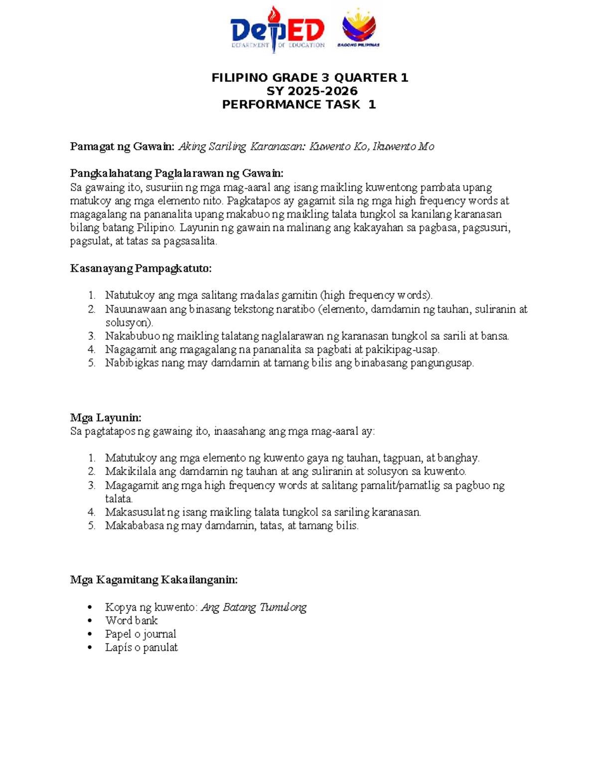 G3 Q1 Filipino Performance Task 1: Aking Sariling Karanasan - Studocu