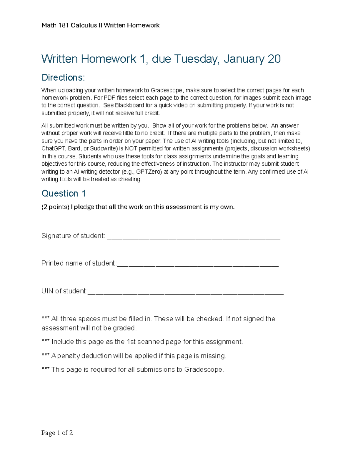Math 181 Calculus II Written Homework 1 Instructions & Guidelines - Studocu