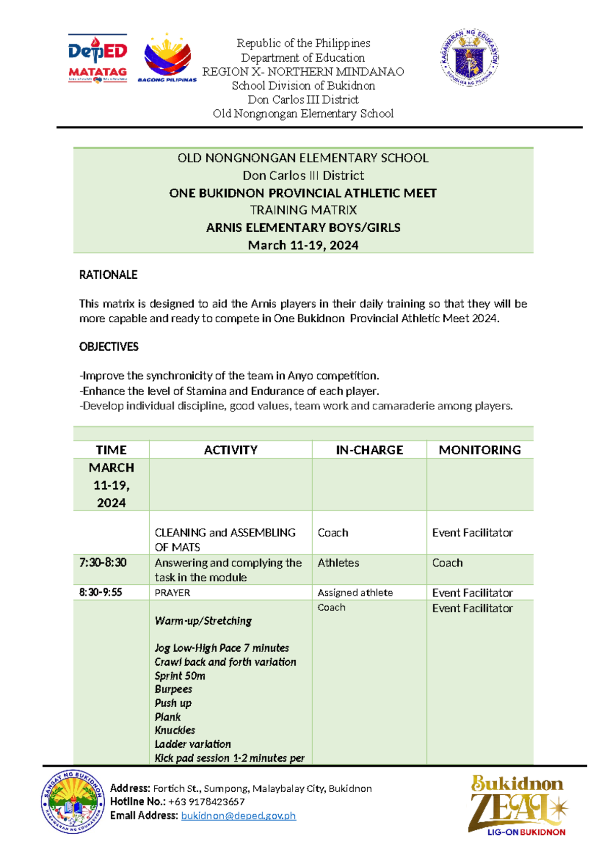 Arnis Training Matrix for One Bukidnon Meet 2024 - ONES - Studocu