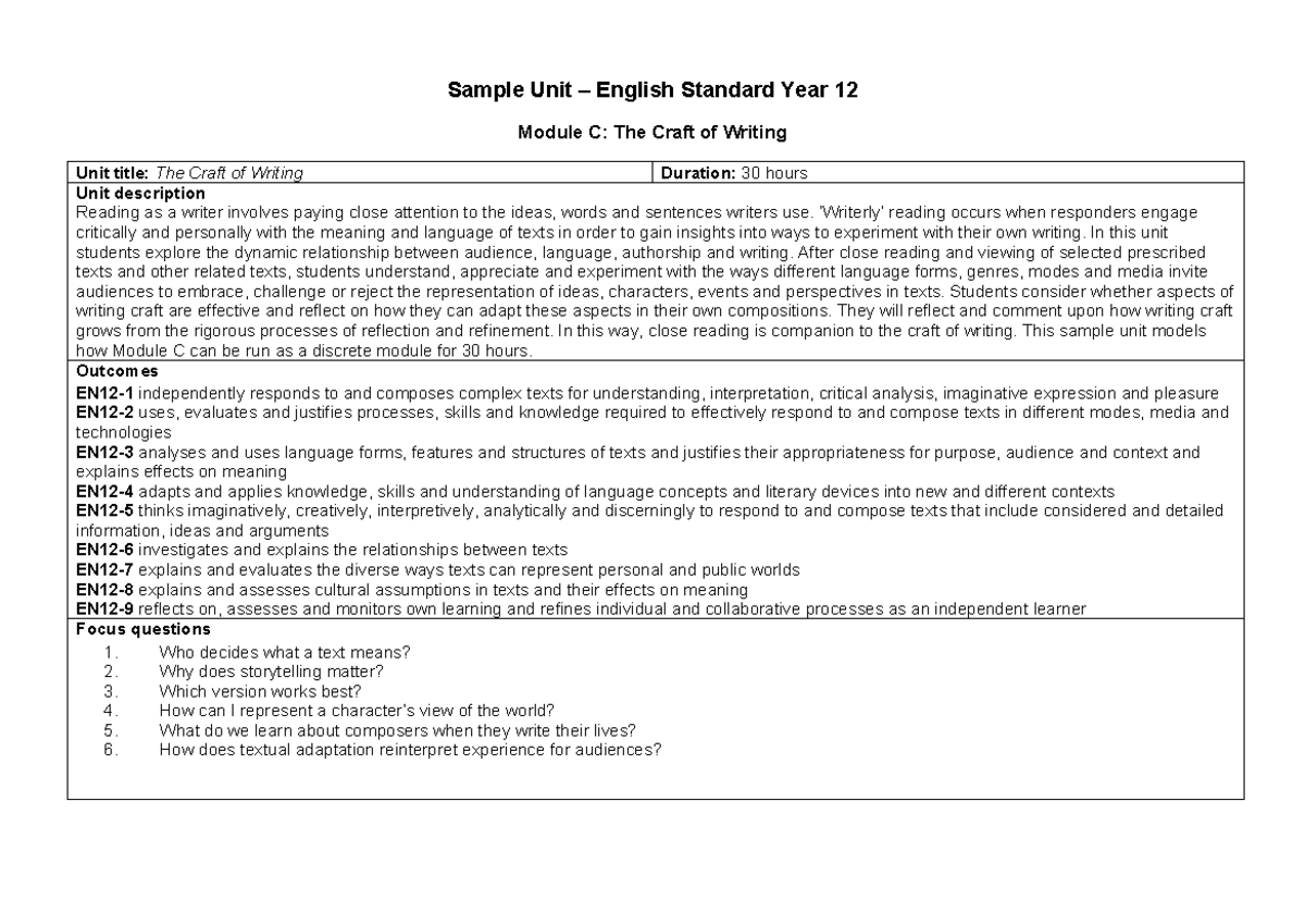 English Standard Year 12: Module C Sample Unit on Writing Craft - Studocu