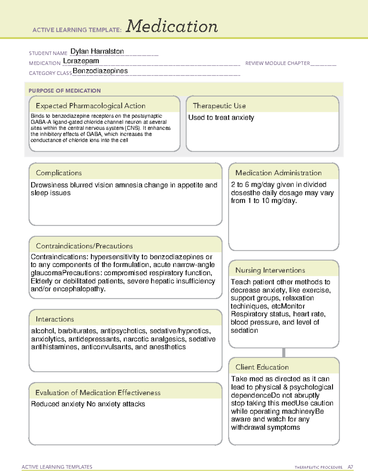 Lorazepam (Benzodiazepine): Active Learning Template for Med Use - Studocu