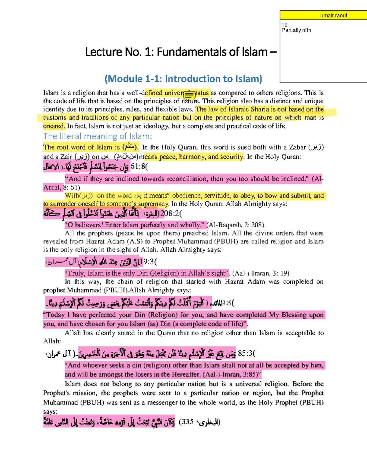 Handouts Lecture 01 ISL 202 (English) - Lecture No. 1: Fundamentals of Islam – I (Module 1-1 ...