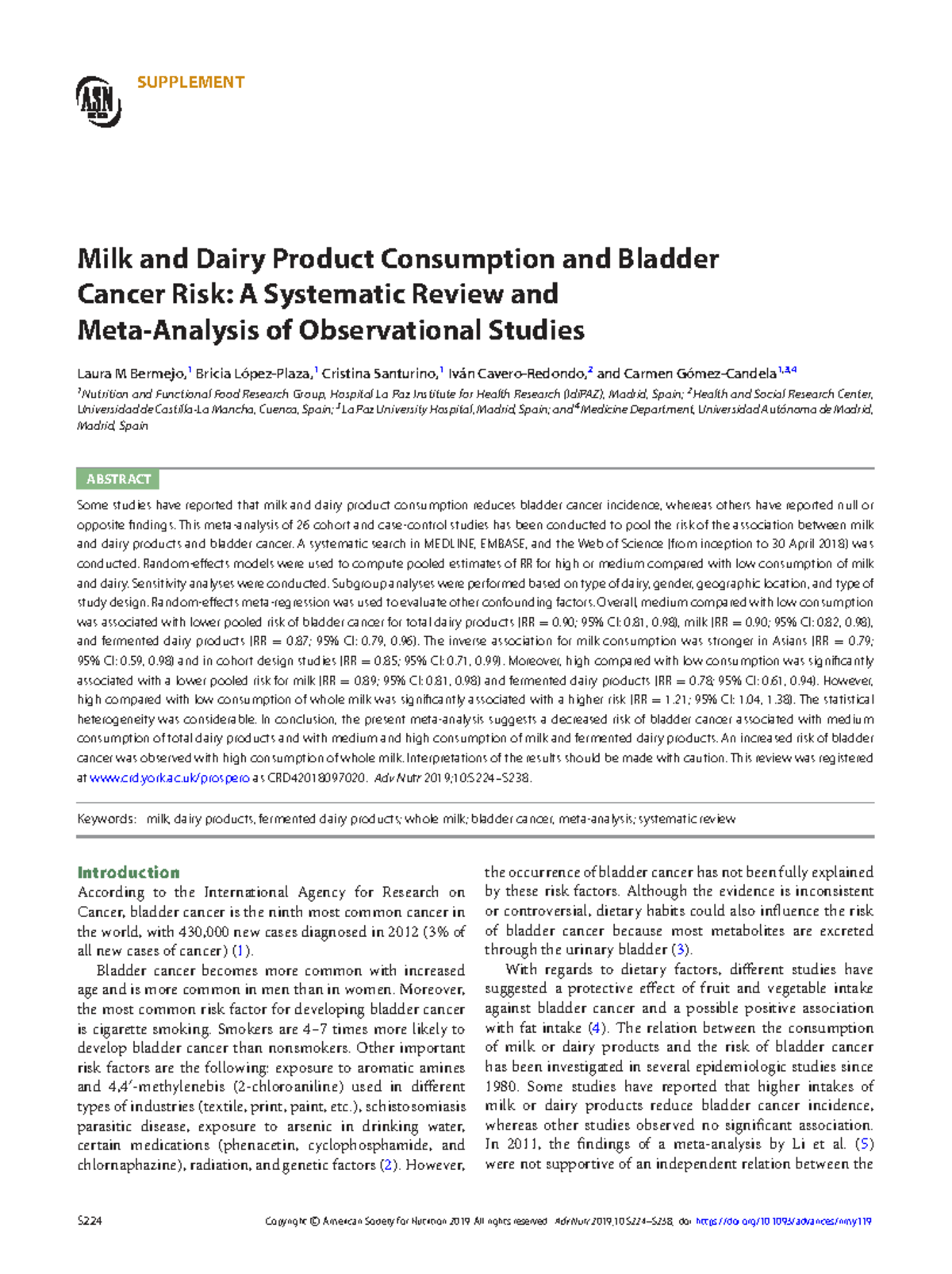 Milk and Dairy Products Consumption and Bladder Cancer Risk: A ...