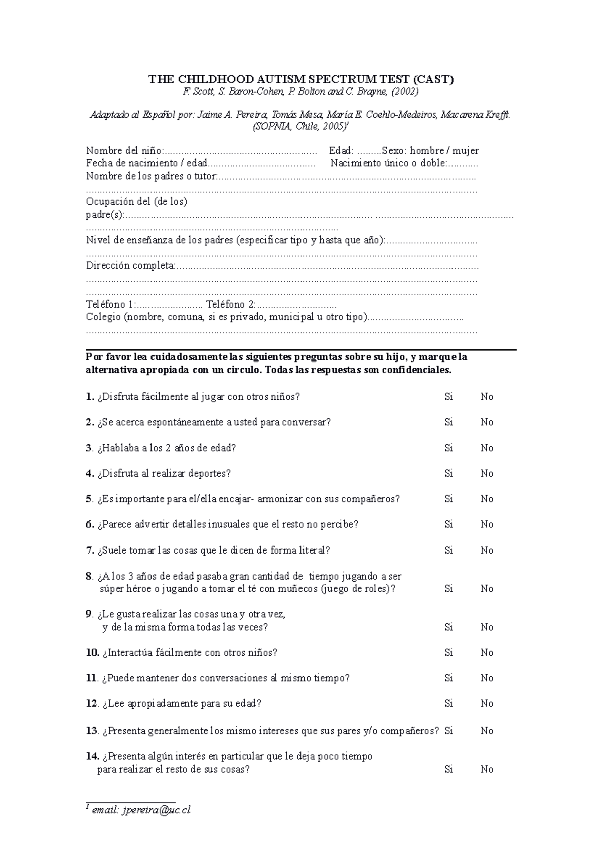 CAST Español CL TEST4a5AÑOS - THE CHILDHOOD AUTISM SPECTRUM TEST (CAST ...