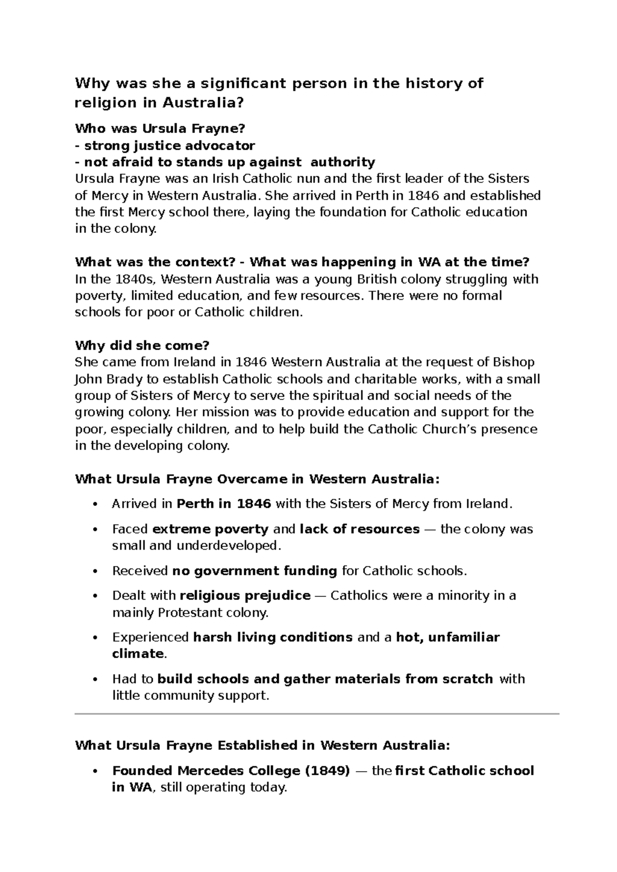 Ursula Frayne: Pioneer of Catholic Education in Australia (HIST101 ...