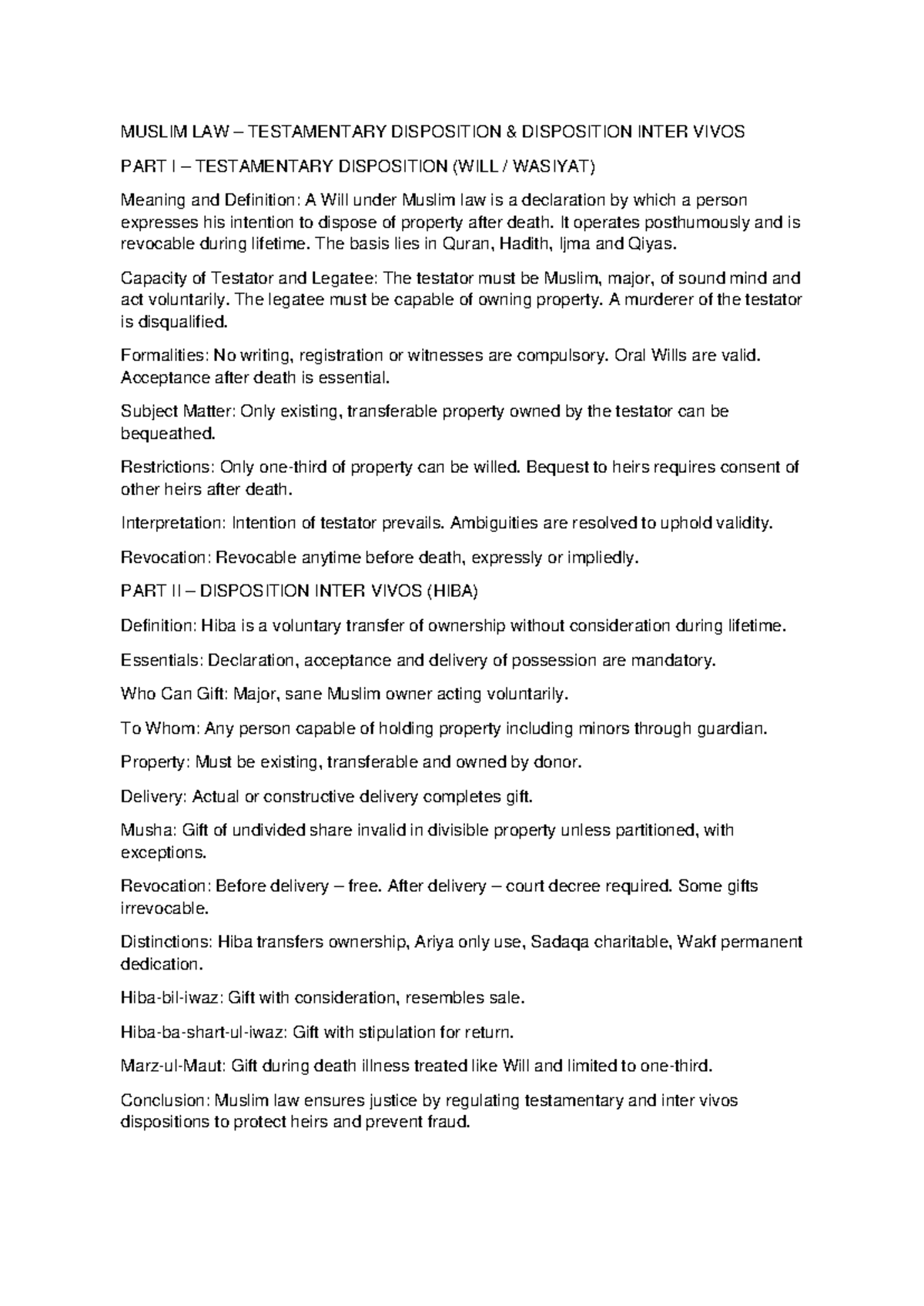 MUSLIM LAW (LAW101) Wills & Gifts: Testamentary & Inter Vivos Notes ...