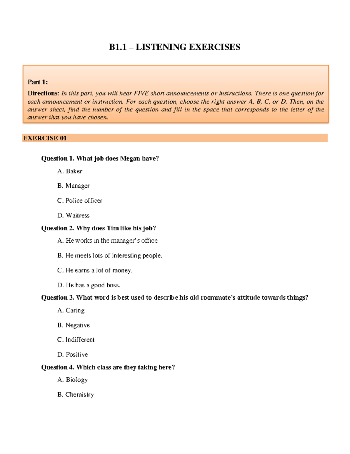 B1.1 - Comprehensive Listening Exercises and Practice Questions - Studocu