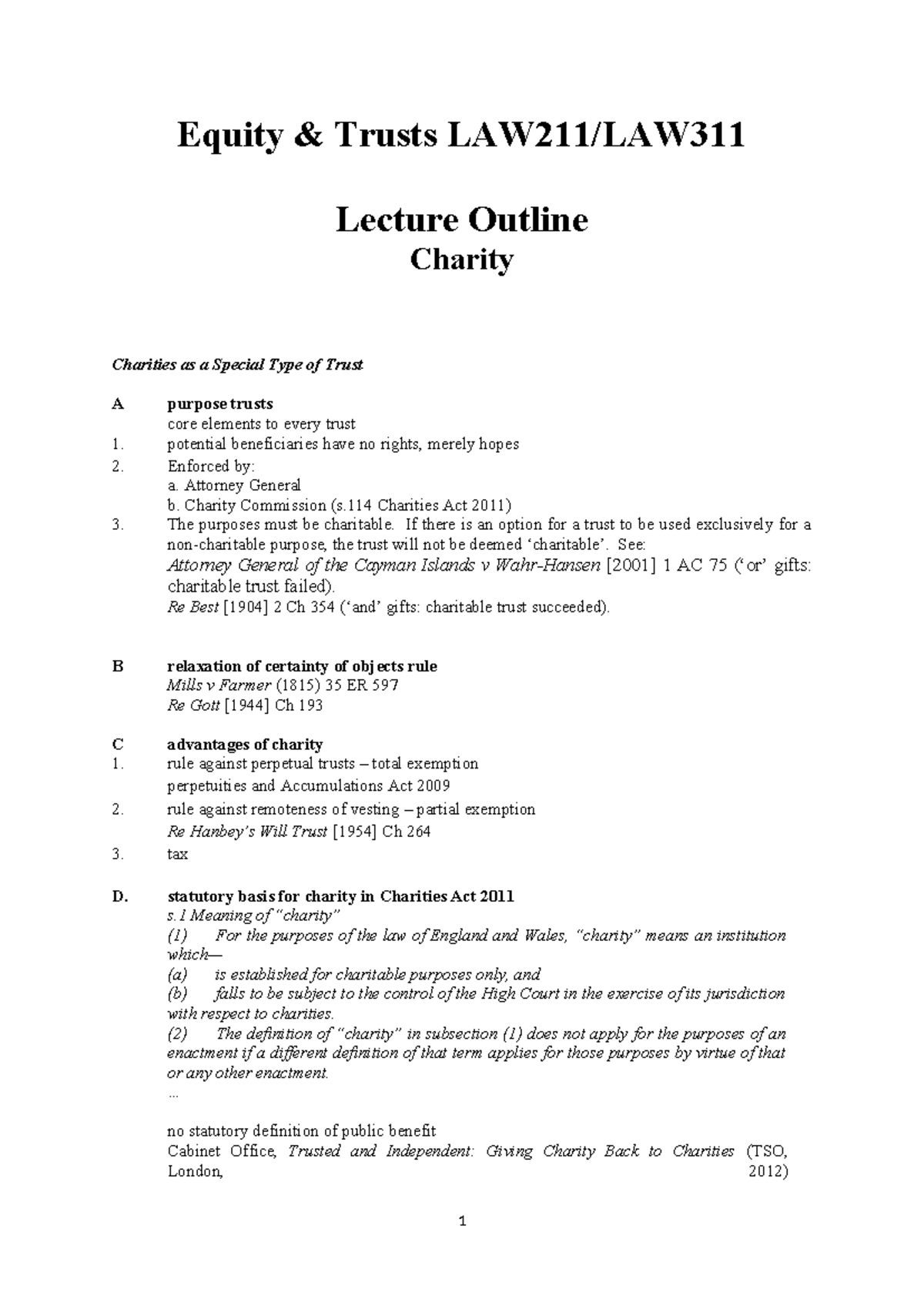 Equity Trusts Lecture Outline: Charitable Purpose Trusts (LAW101) - Studocu