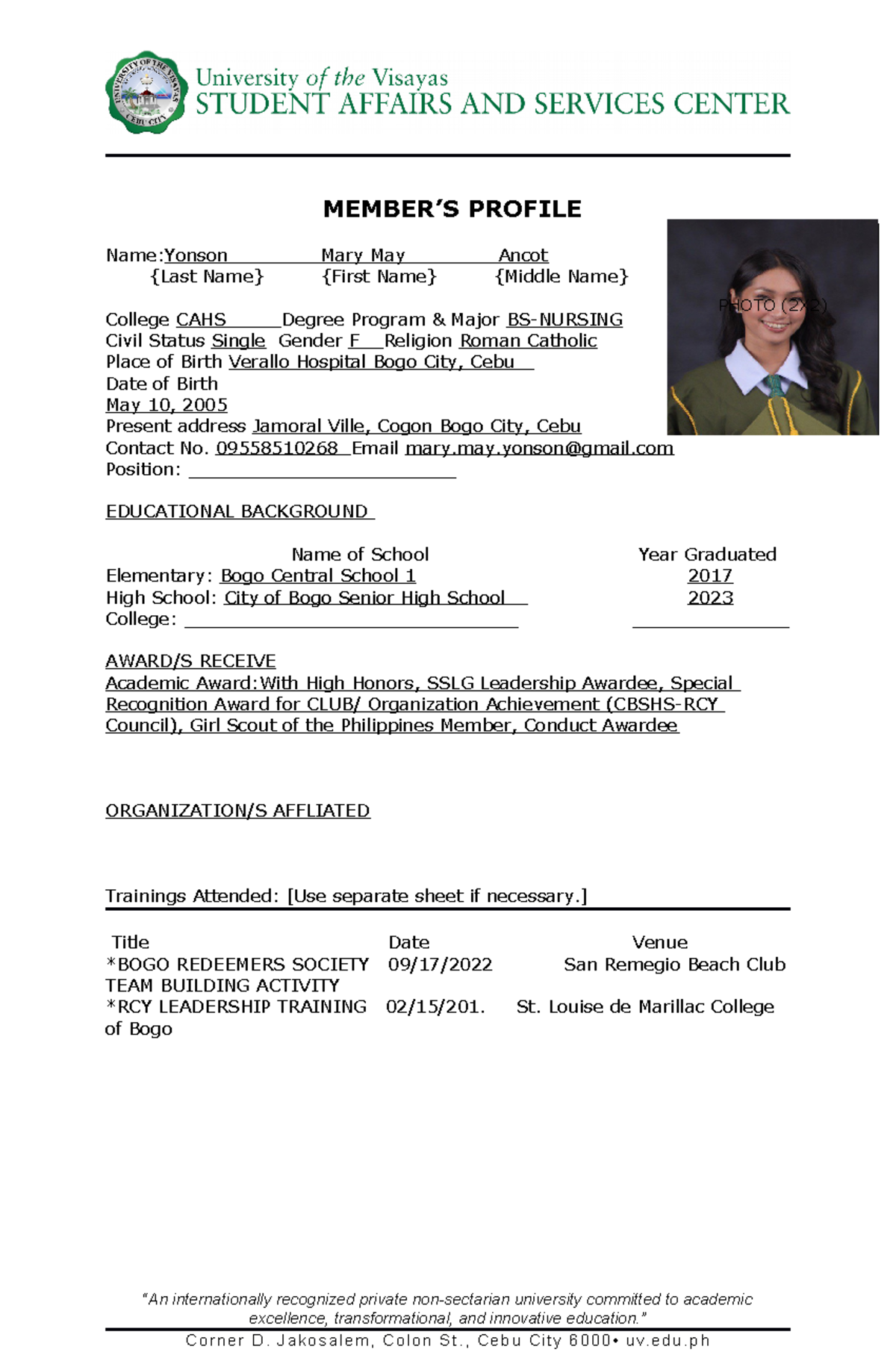 Organizational Members Profile Form Revised - MEMBER’S PROFILE Name ...