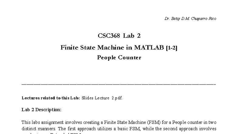 CSC368 Lab 2: Finite State Machine for People Counter in MATLAB - Studocu