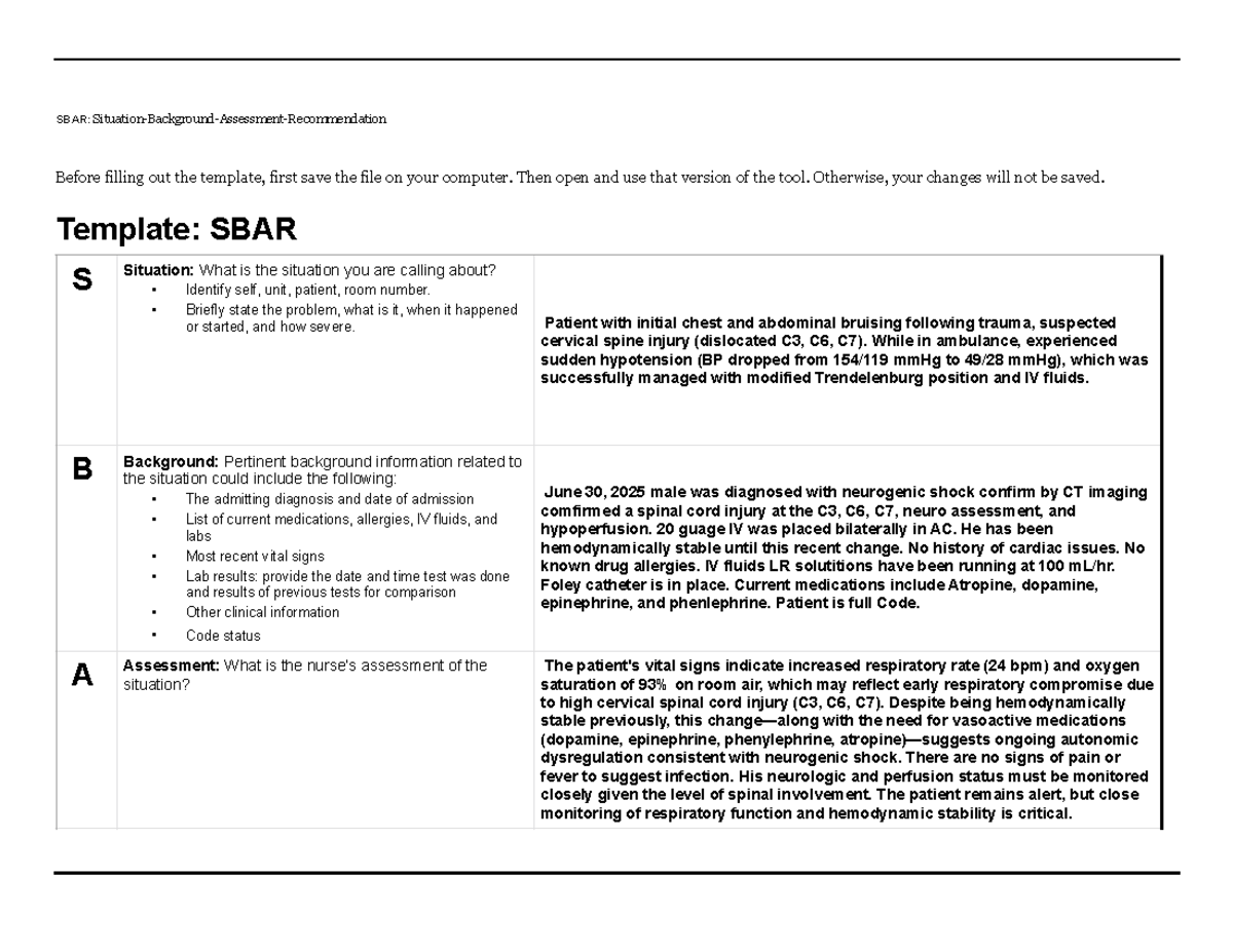 SBAR Assignment: Neurogenic Shock Case Study (SBAR 2025) - Studocu