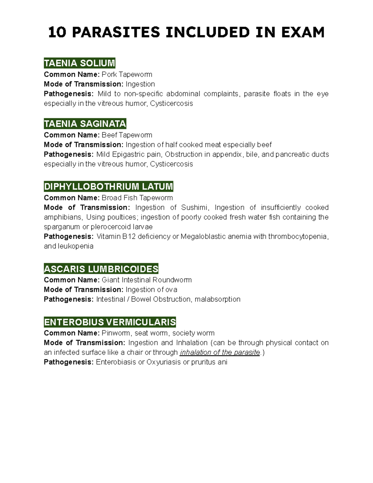 10 Parasites Study Notes - PARA (Includes Exam Details) - Studocu