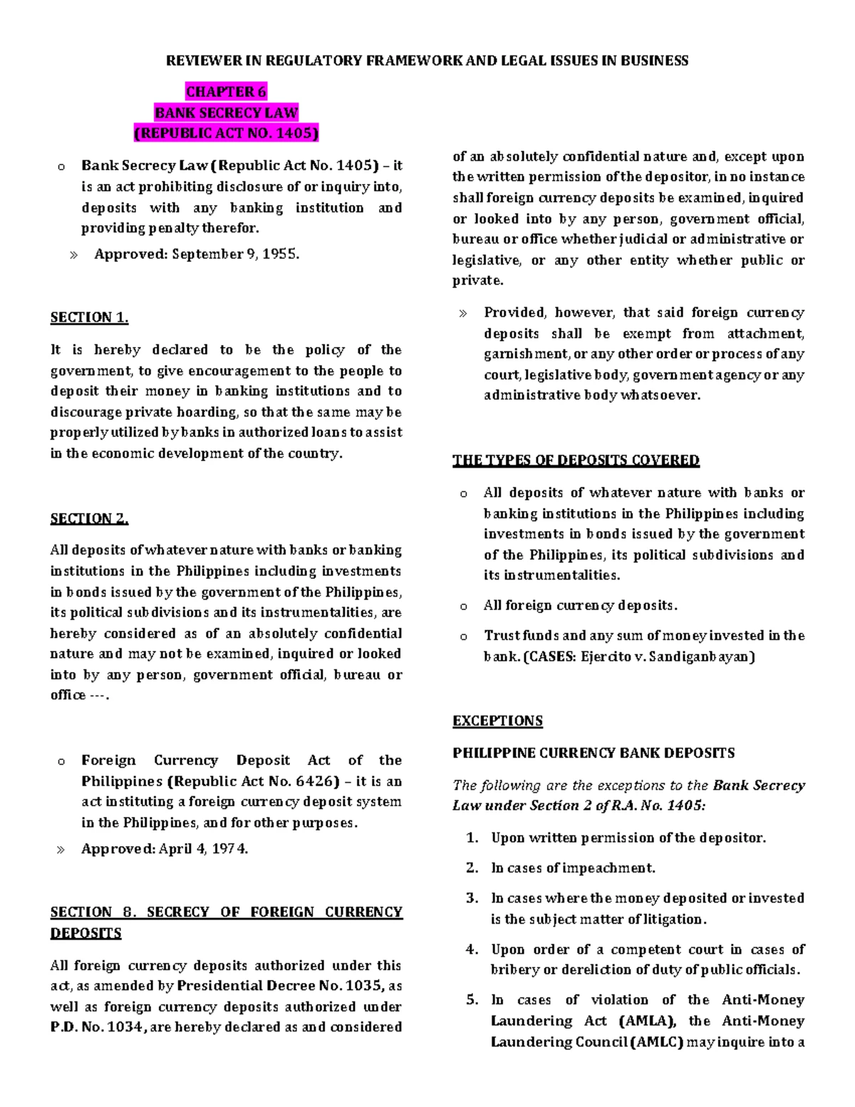 RFBT - Chapter 6 - Overview of Bank Secrecy Law (R.A. 1405) - Studocu