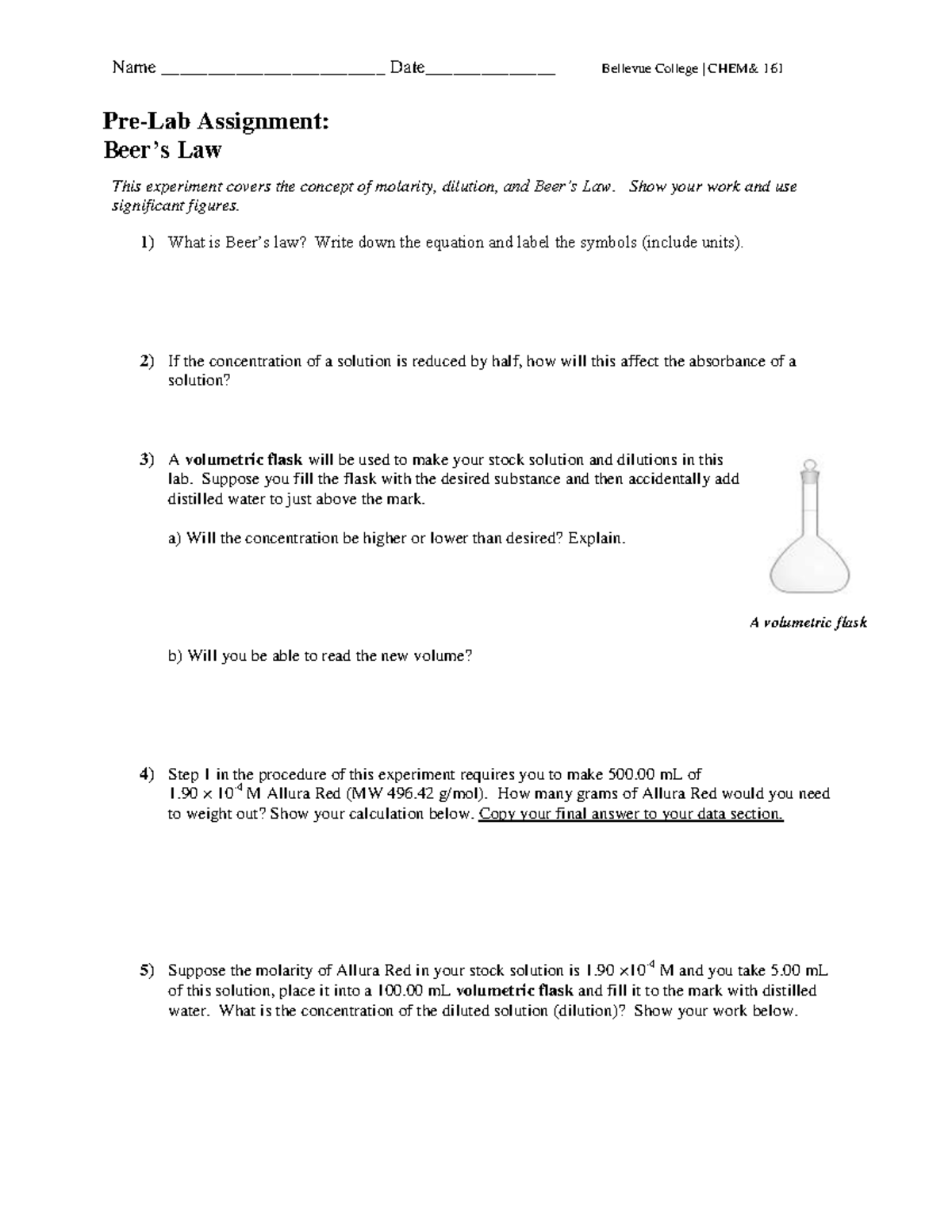 Lab 161: Beer's Law Experiment - Molarity & Dilution Concepts - Studocu